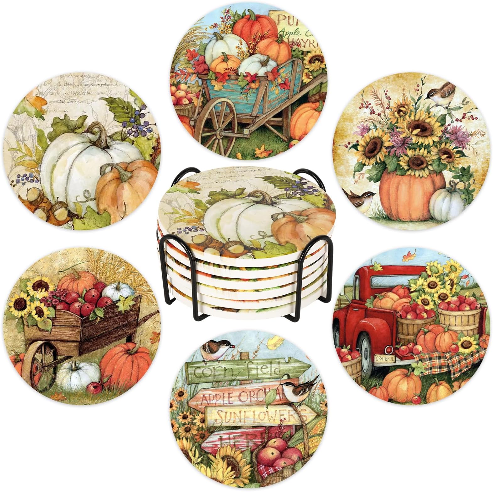 Amazon.com | CoasterStone White Pumpkin and Sunflower Drink Coaster Set ...