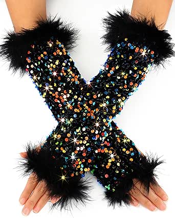 Amazon.com: GEMILY Sequin Feather Black Gloves Fingerless Rave Arm ...