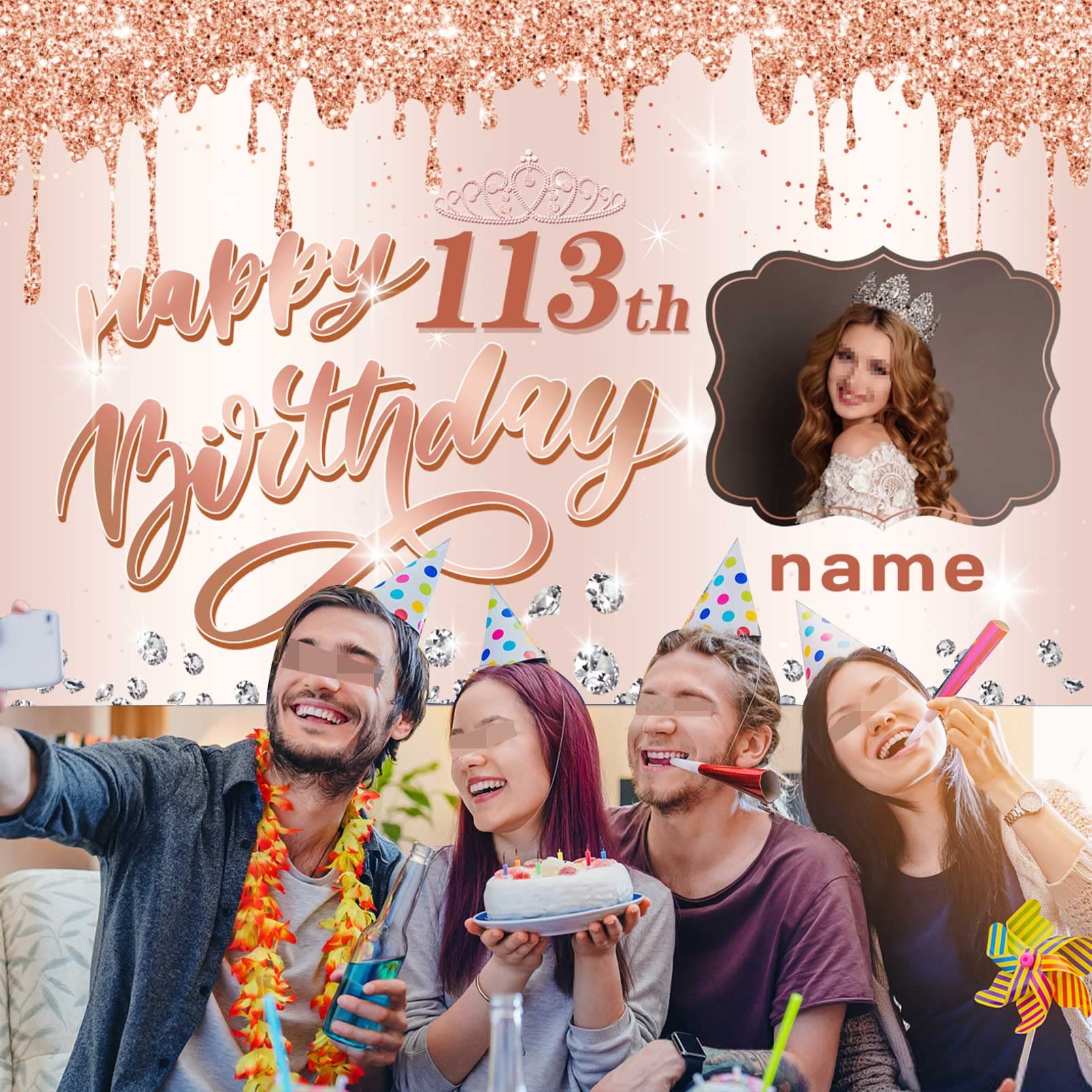 Snapklik.com : Custom Rose Gold Theme 113th Birthday Decorations Banner