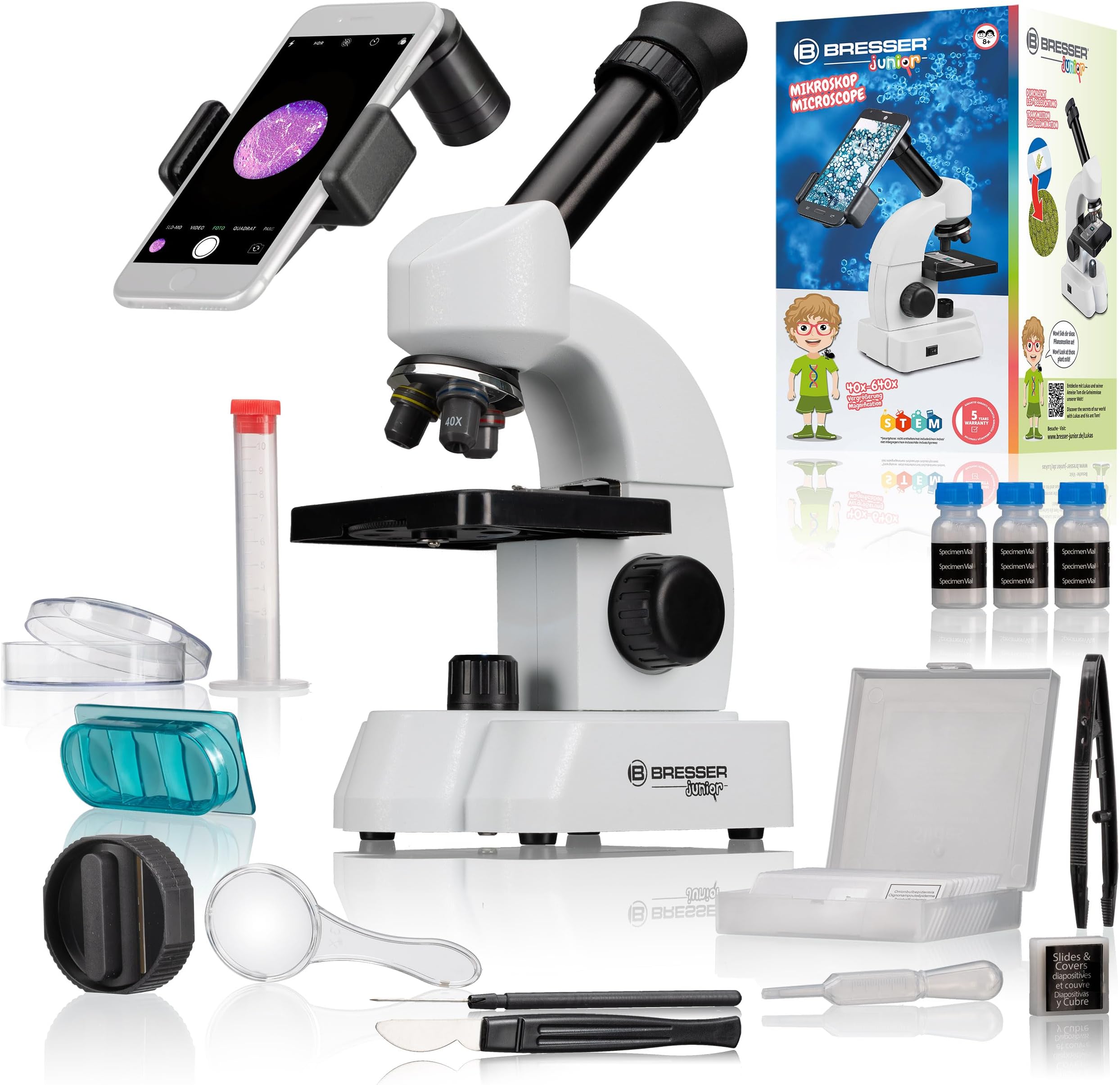 Bresser Microscope Junior avec grossissement 40x 640x, oculaire Zoom et kit de démarrage Complet ...