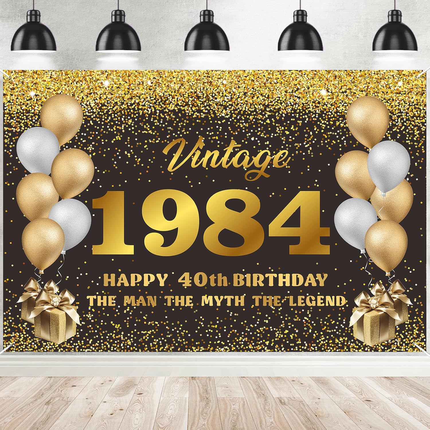 Amazon.com : Vintage 1984 Birthday Banner Backdrop, Black and Gold Sign ...