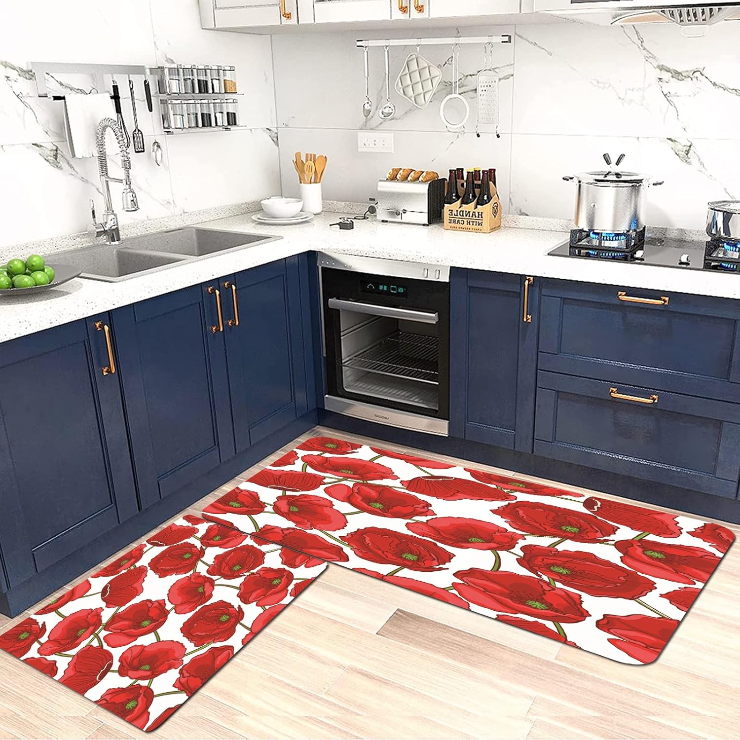 SHIVNAMI Kitchen Mat Rug Set 2 Piece,Blooming Red Poppies,Non Slip ...