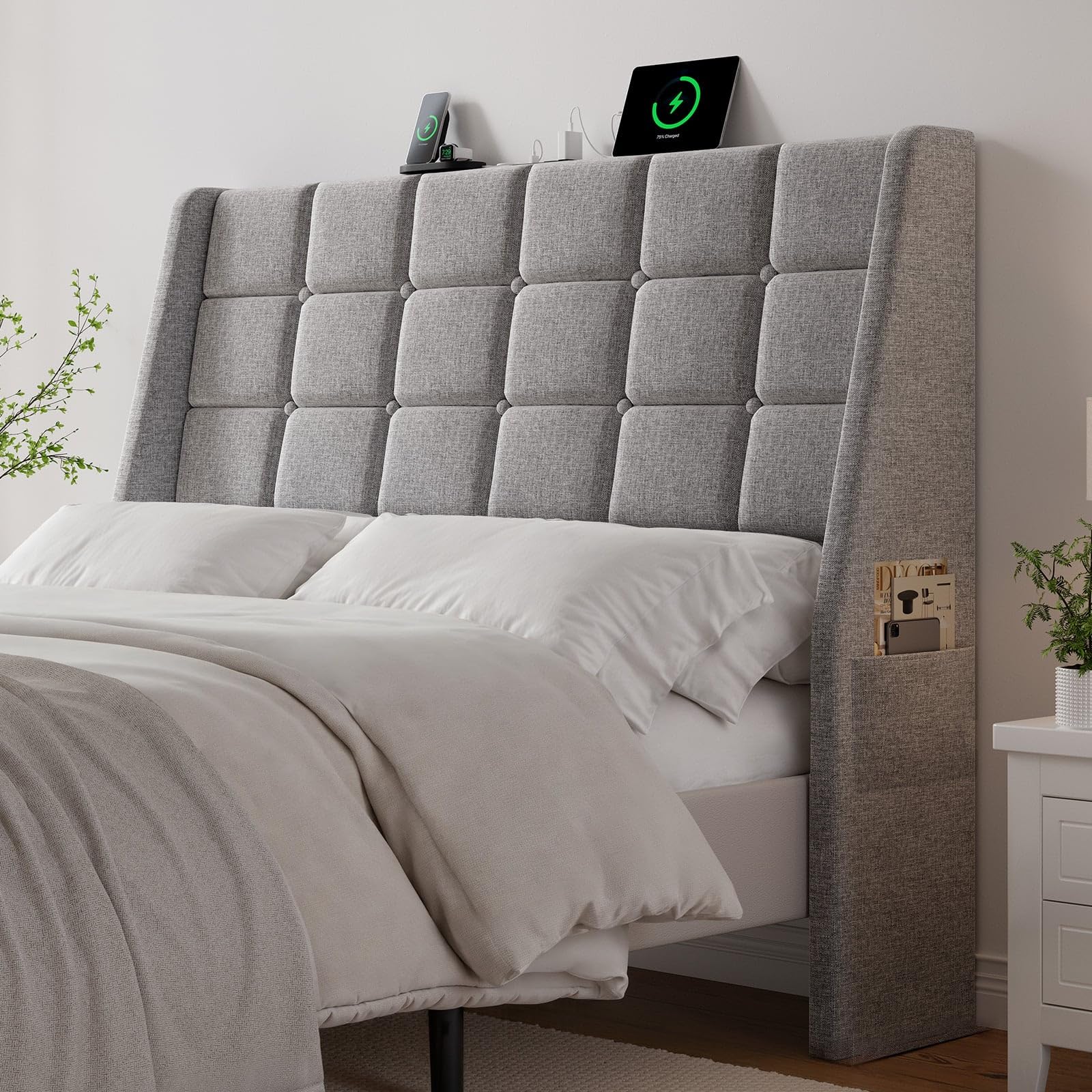 Amazon.com - ONBRILL Ergonomic Upholstered Full Size Headboard w/Charging Station, Linen ...