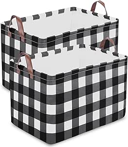 Amazon.com: Buffalo Plaid Storage Bin Basket Collapsible with Leather ...