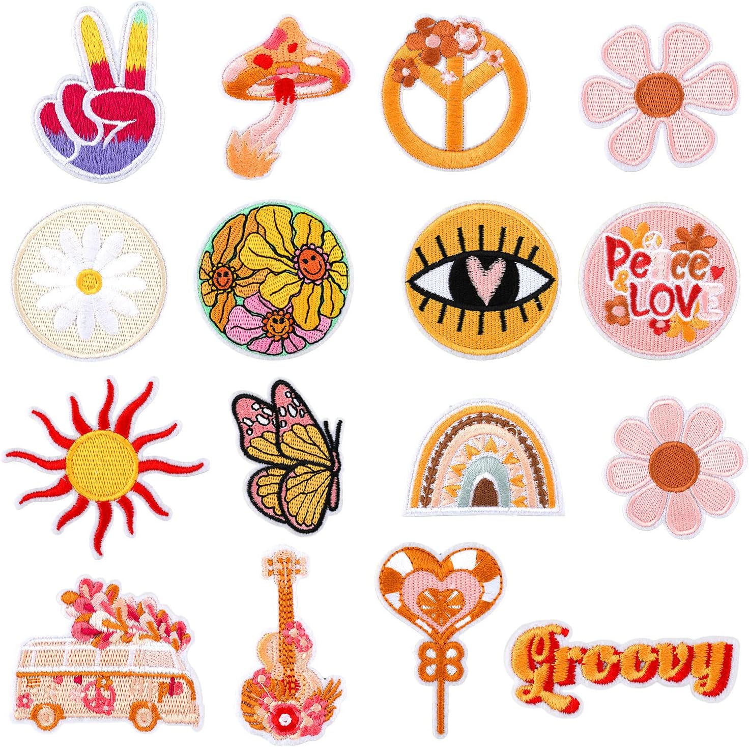 16pcs Iron on Patches, Colored Embroidered Applique Patches Hippie Sew ...