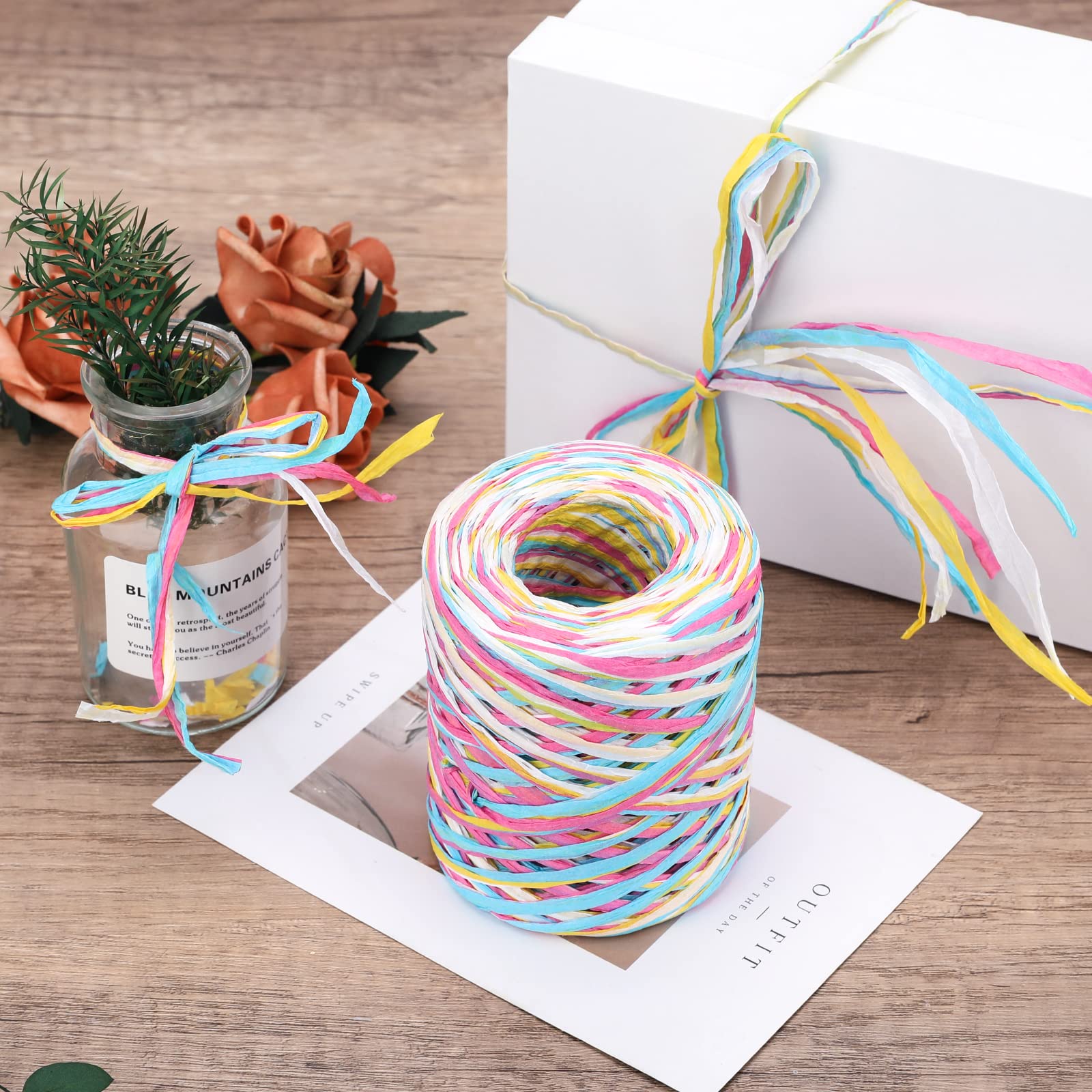Snapklik.com : Colored 394 Feet Raffia Paper Ribbon, Pink Blue Yellow ...