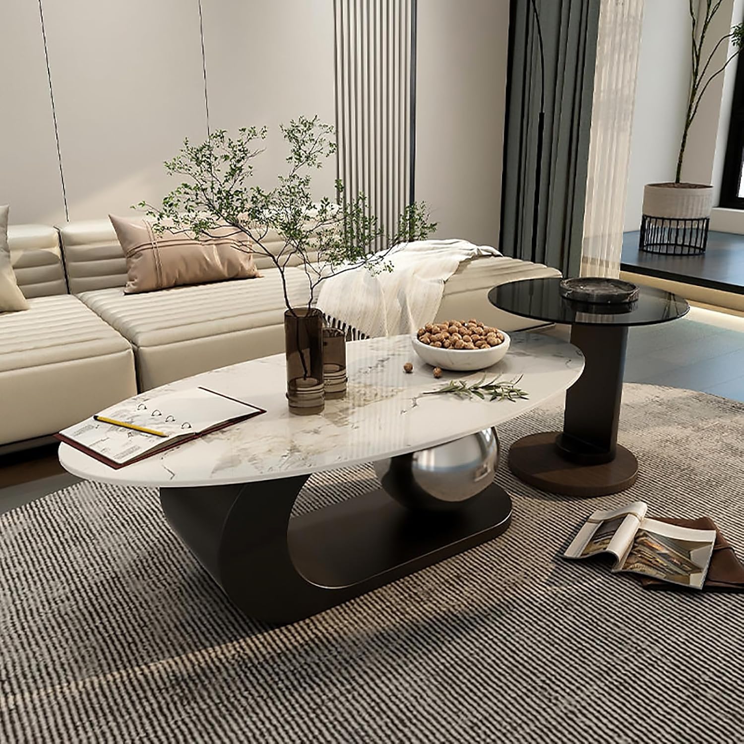 Amazon.com: Modern Oval Coffee Table, Sintered Stone Center Table with ...