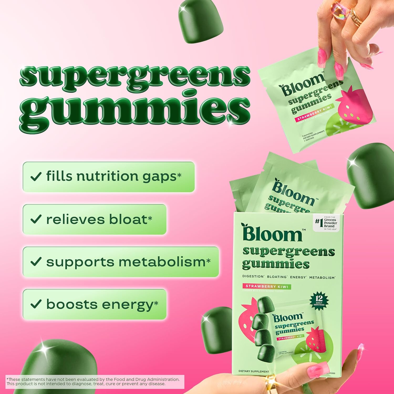Bloom Super Greens Gummies, Daily Greens Superfood Fiber Gummies with ...