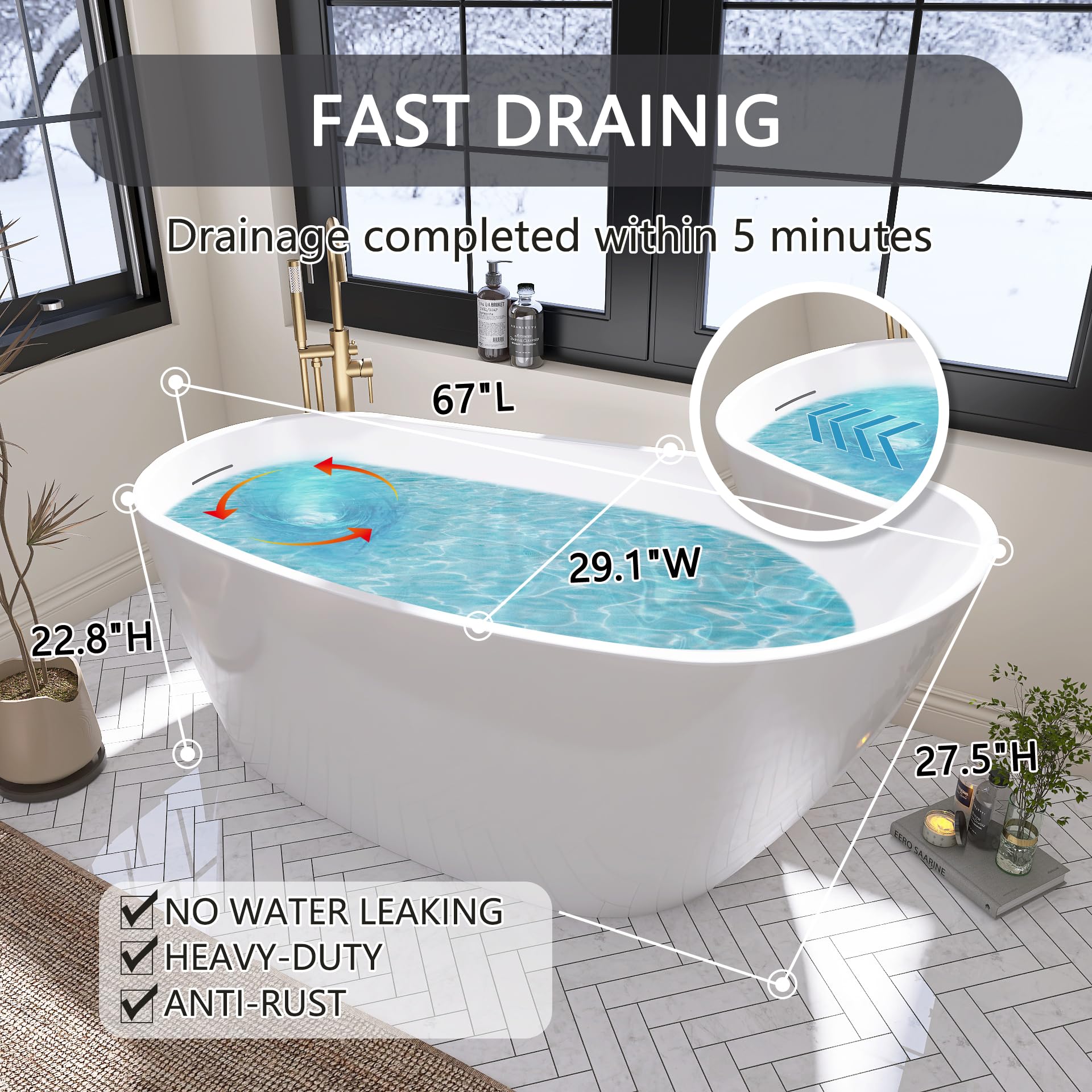 Bathroom Luxury Tub 67" Freestanding Acrylic Bathtub | Deep Soaking ...