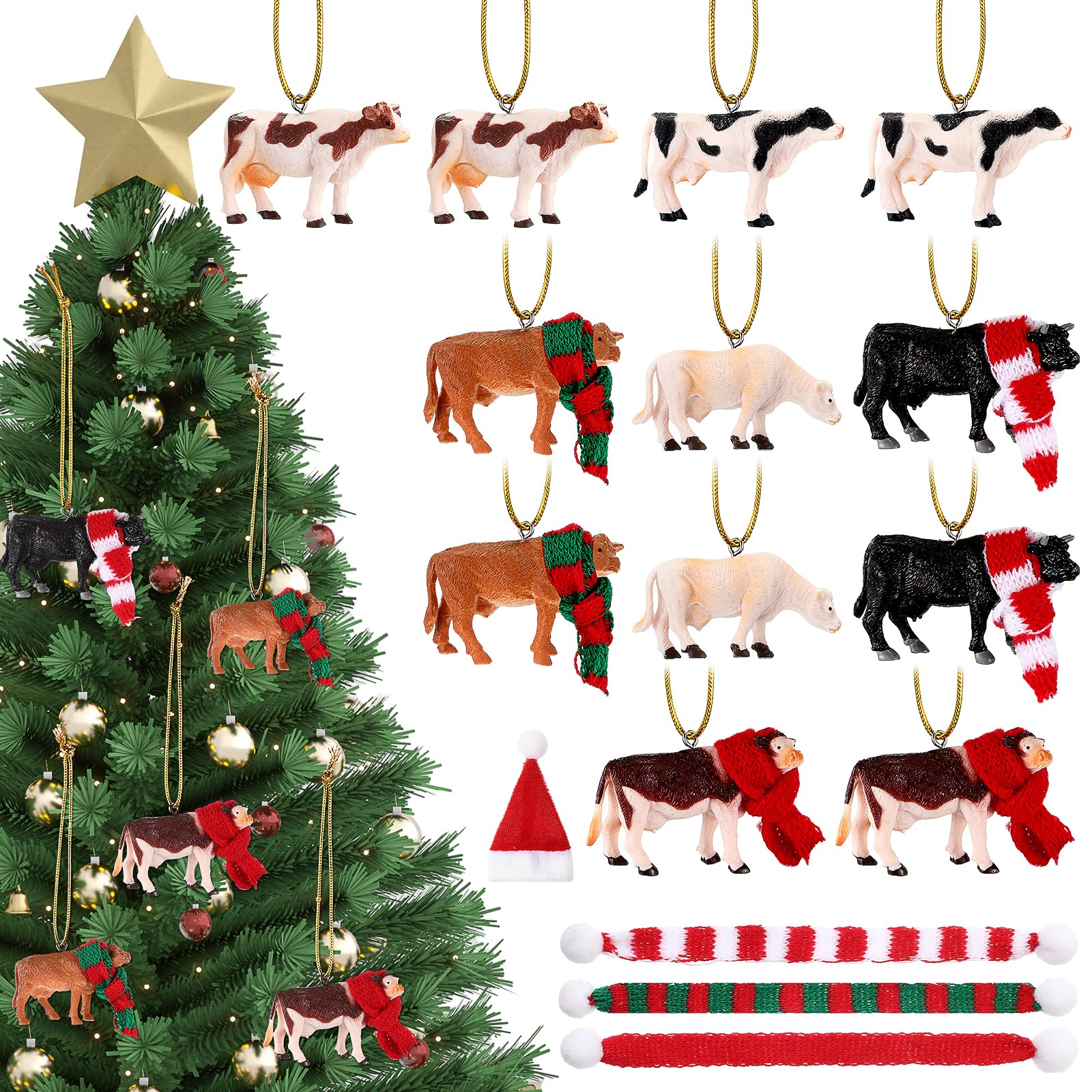 Amazon.com: Beeveer 12 Pcs Christmas Cow Ornaments for Tree Cow Hanging ...