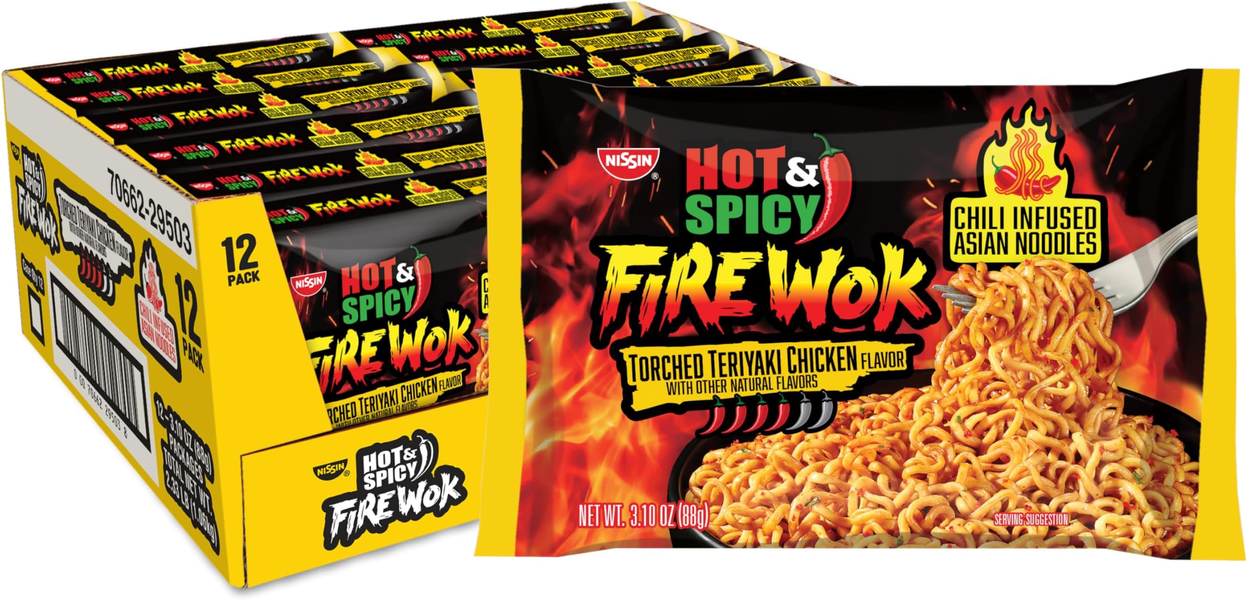 Amazon.com : Nissin Fire Wok, Torched Teriyaki Chicken, Hot & Spicy Chile Infused Asian Noodles ...