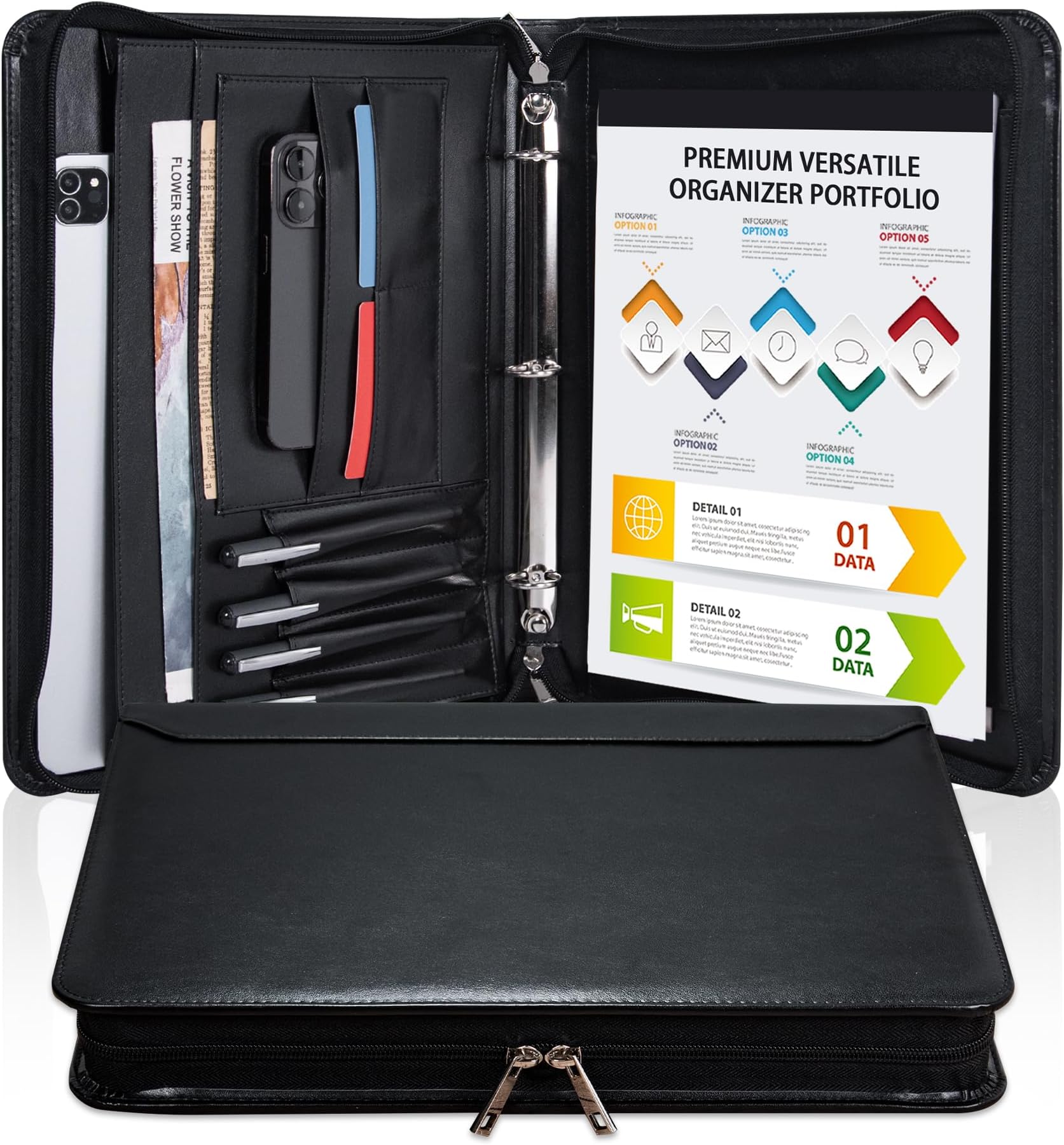 Amazon.com : Black Vegan Leather Binder Portfolio for Women and Men,3 ...