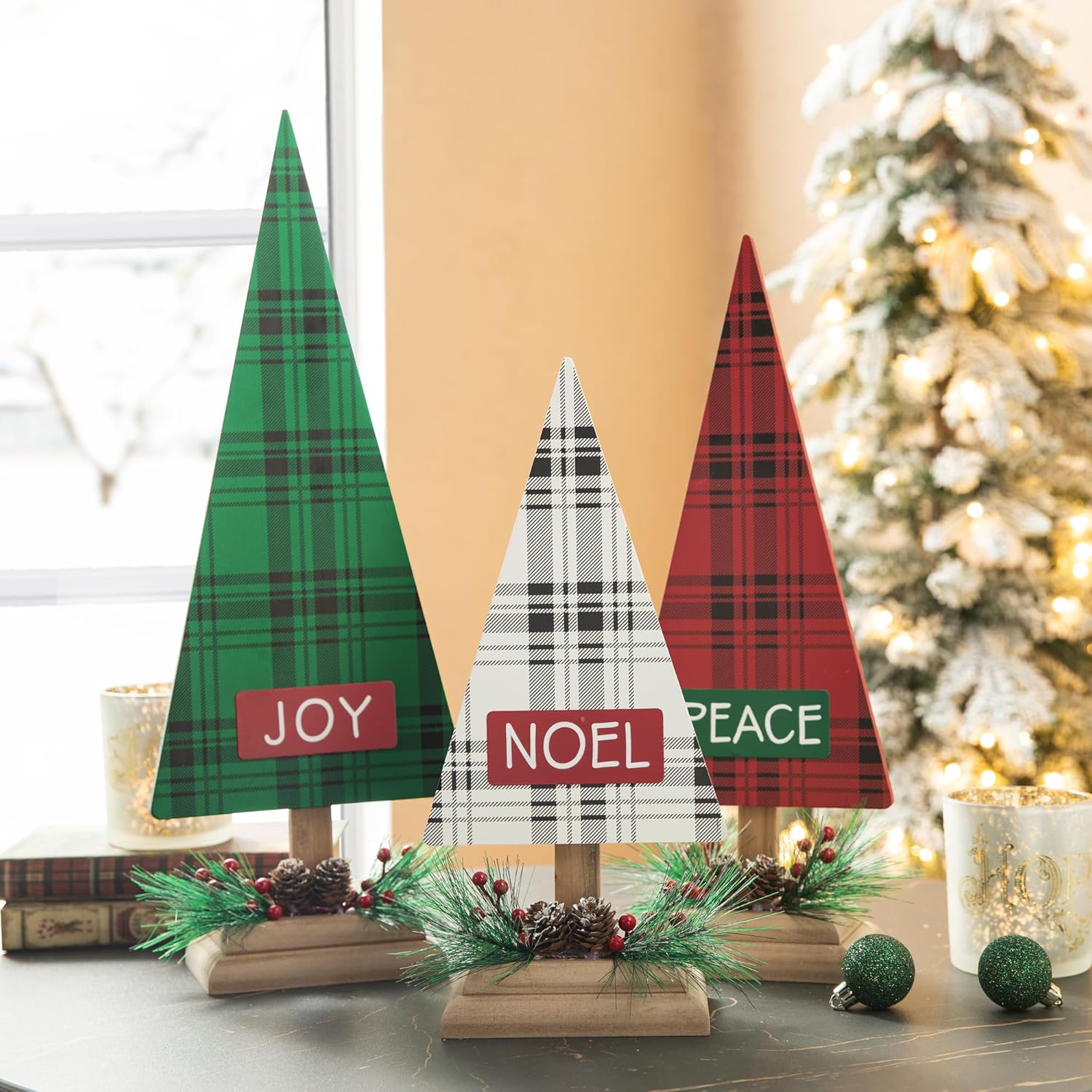 Amazon.com: Glitzhome Set of 3 Wooden Christmas Table Tree Decor with ...