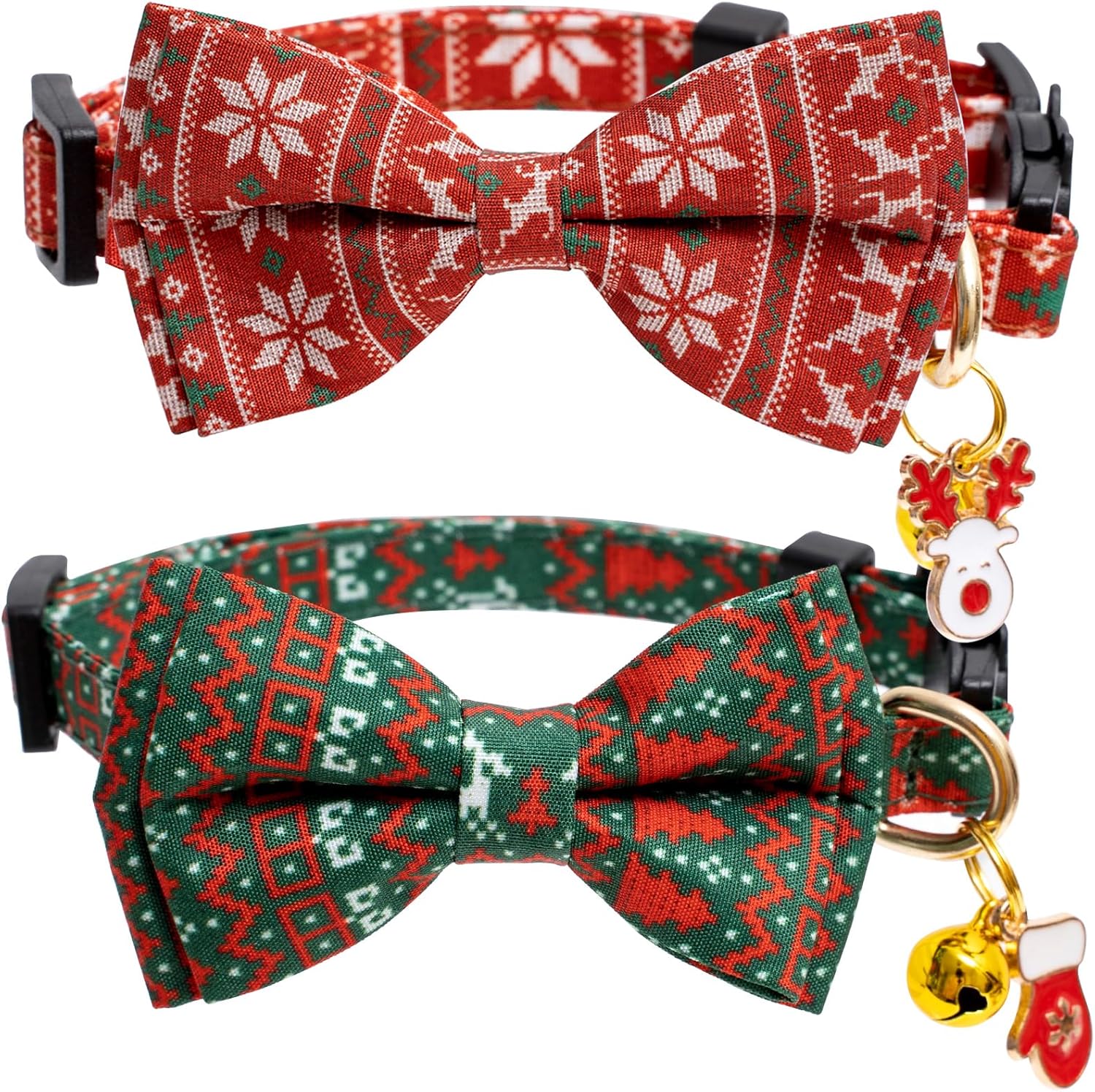 2 Pack Cotton Christmas Cats Collar with Bow Tie Red Green Cat Collars ...