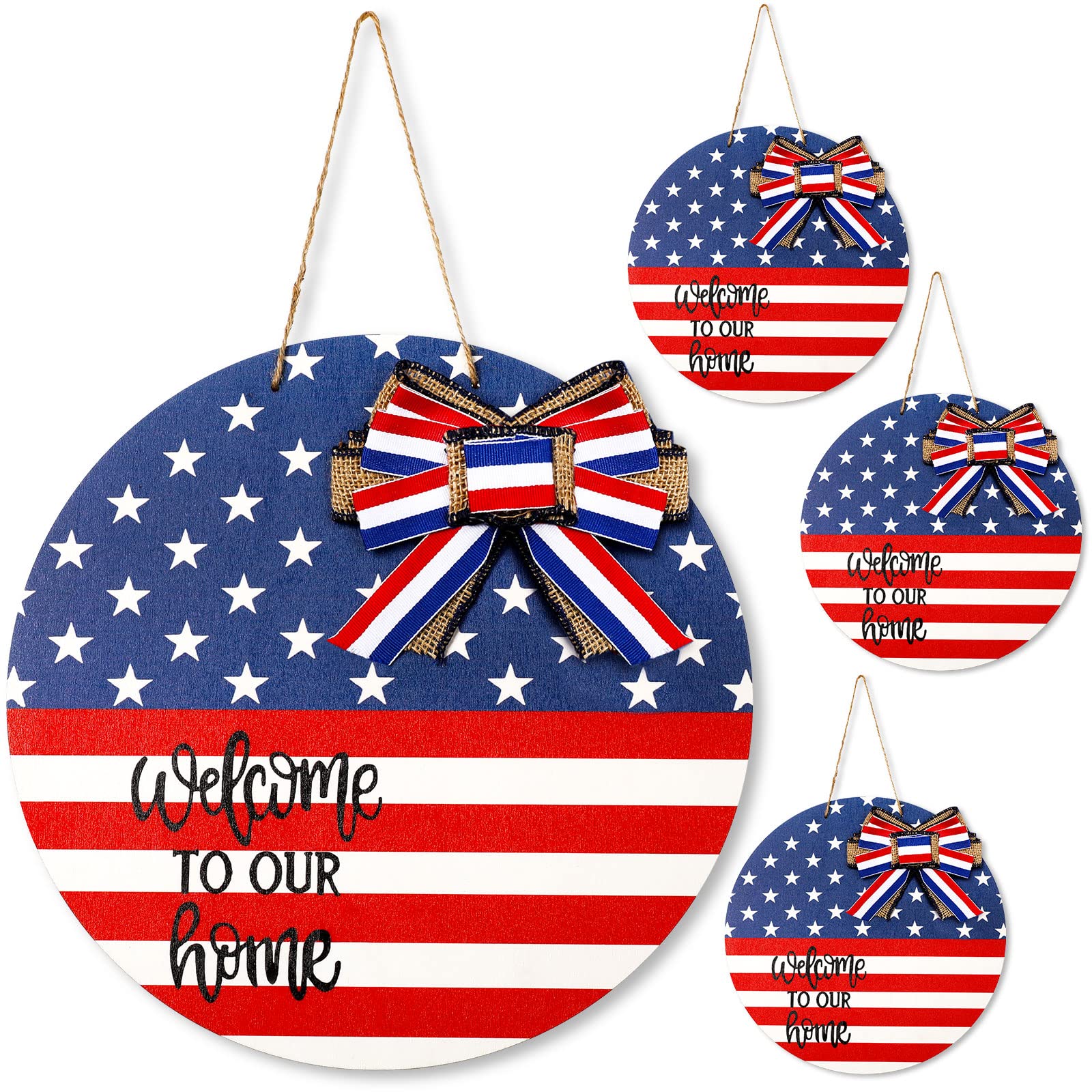 4 Pieces 4th of July Welcome Door Sign Patriotic Wreath for Front Door ...