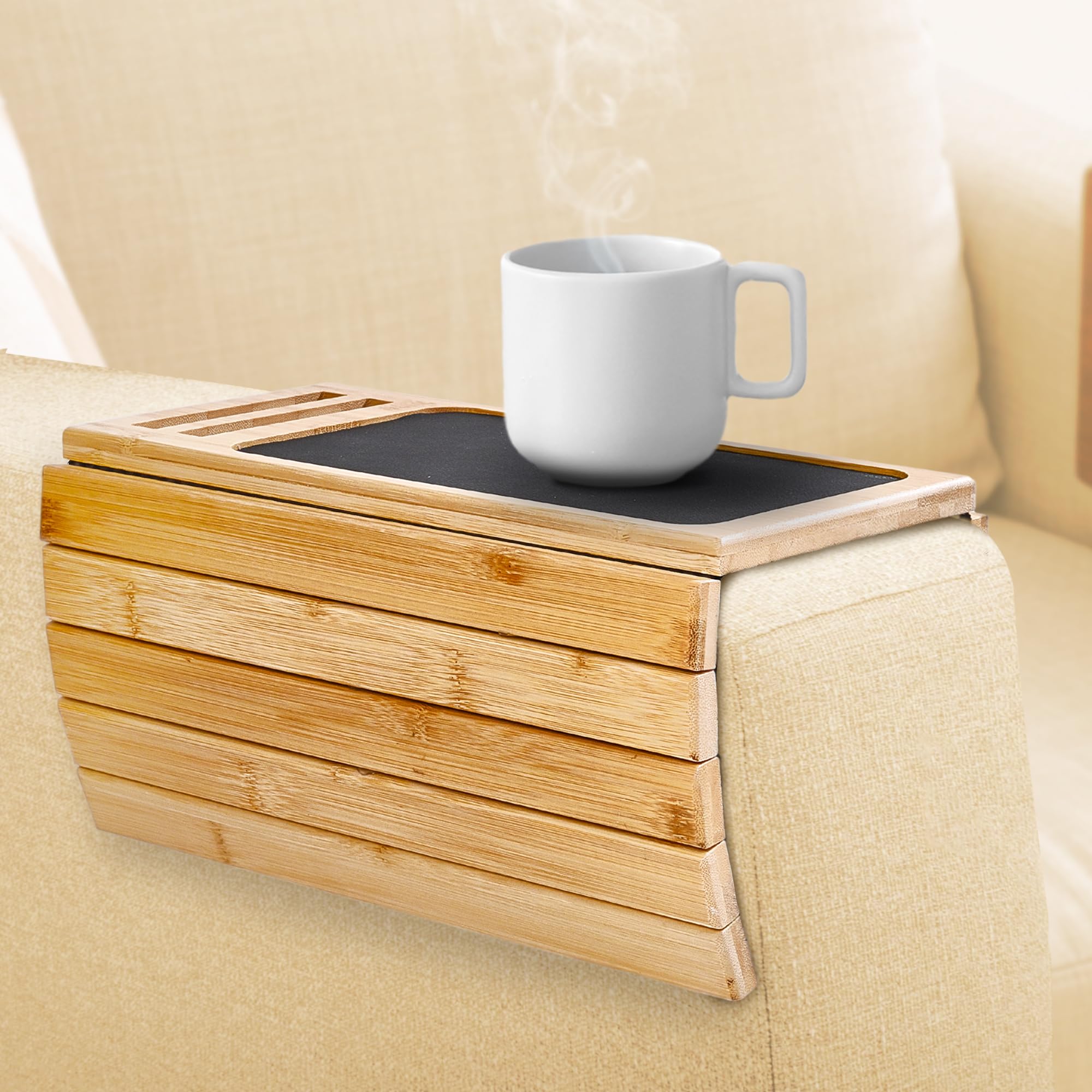 Amazon.com: OMVEX Bamboo Couch Cup Holder Tray – Non-Slip Sofa Armrest ...