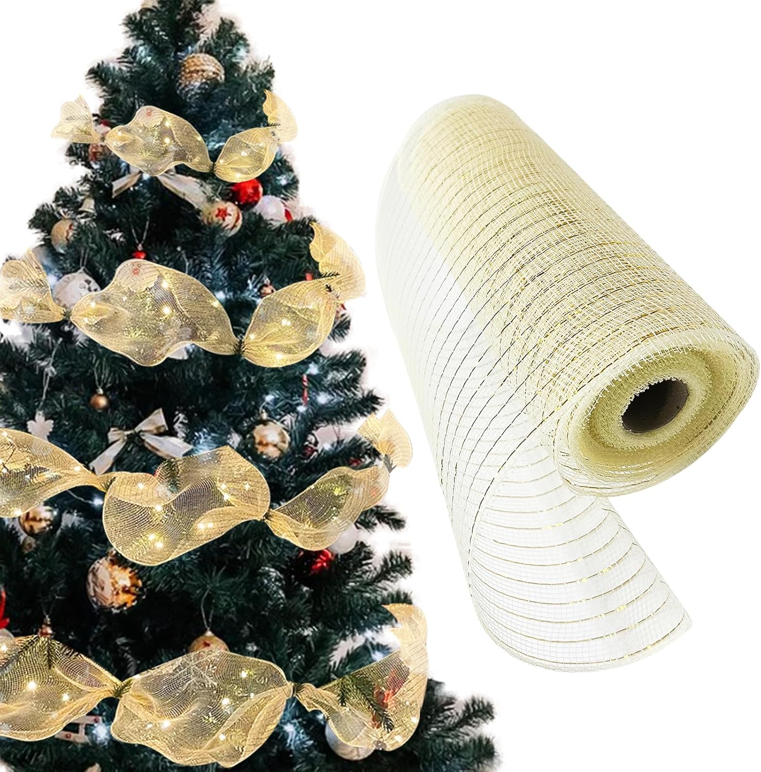 JKJG Christmas Tree Ribbon, Christmas Mesh Ribbon Wired Ribbon ...