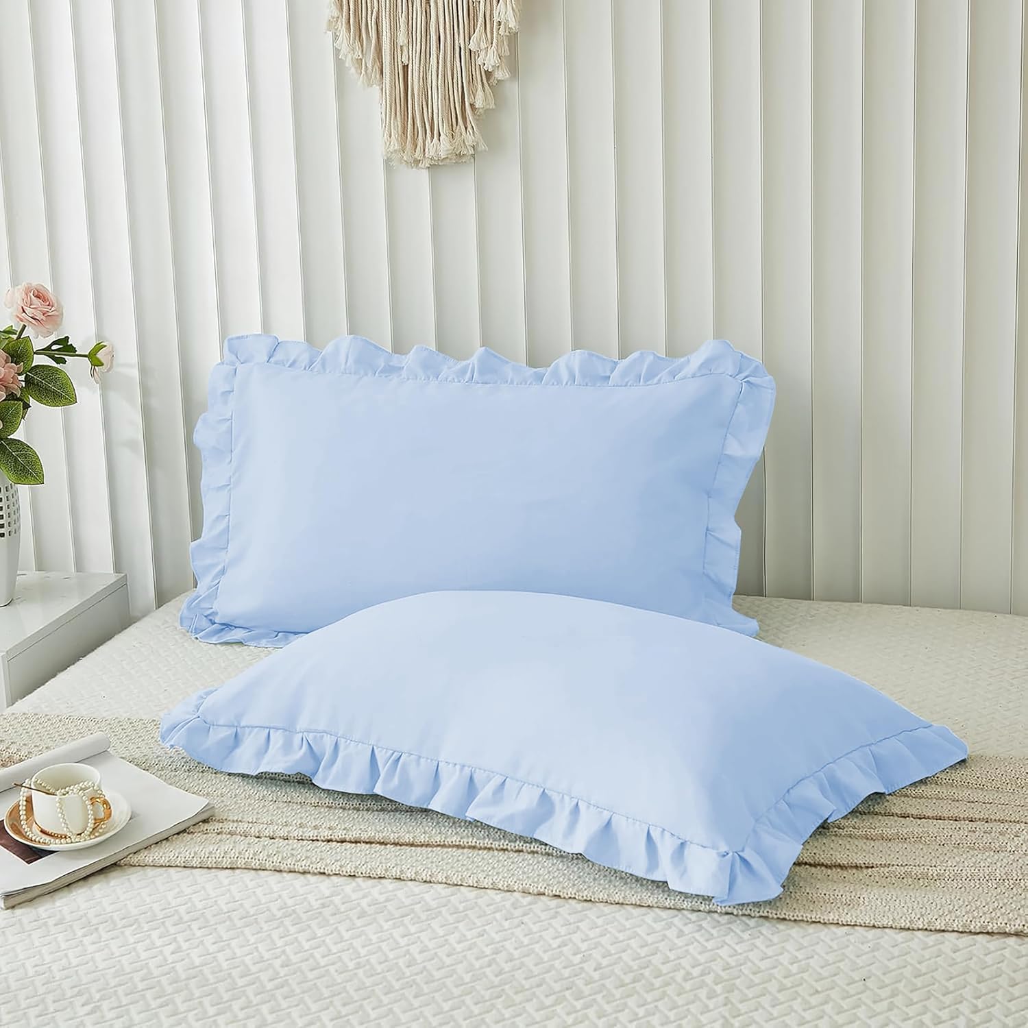 Amazon.com: Microfiber Ruffle Pillow Shams Standard Size Set of 2 ...