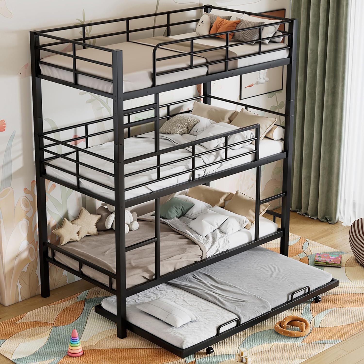 Amazon.com: Triple Bunk Bed with Trundle,Able to Split, Metal Bunk Bed ...