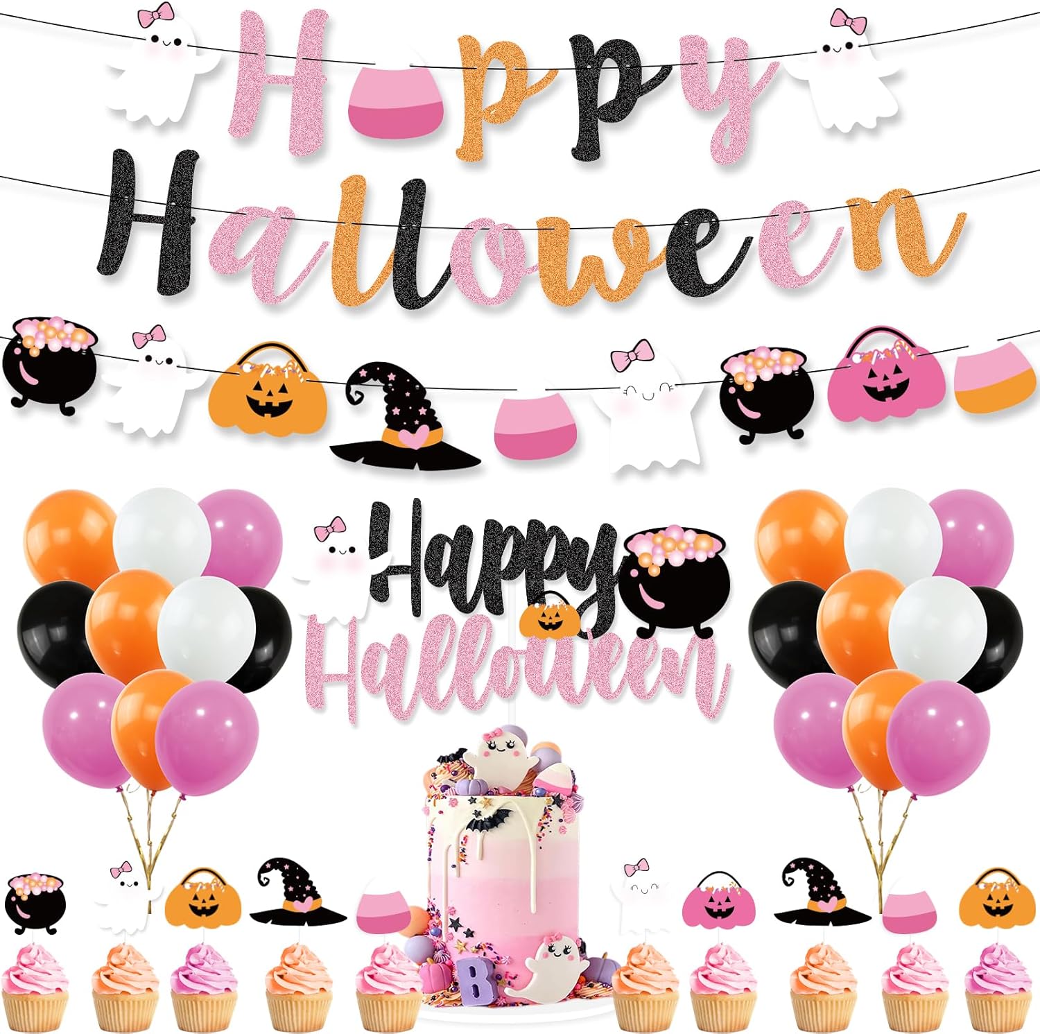 Amazon.com: Pink Halloween Party Decor, Girls Happy Halloween Banner ...