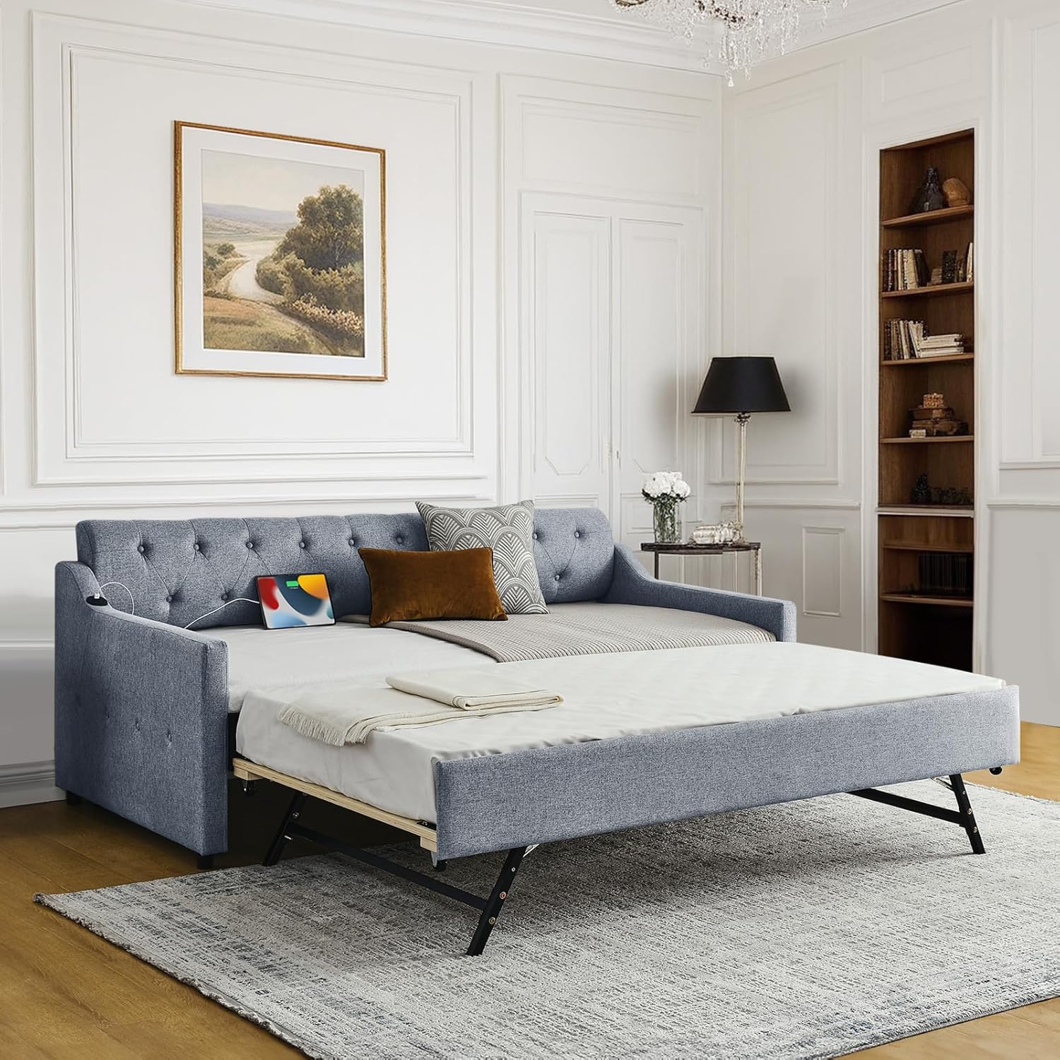 Amazon.com: JEEOHEY Twin Day Bed with Pop Up Trundle,Linen Button ...