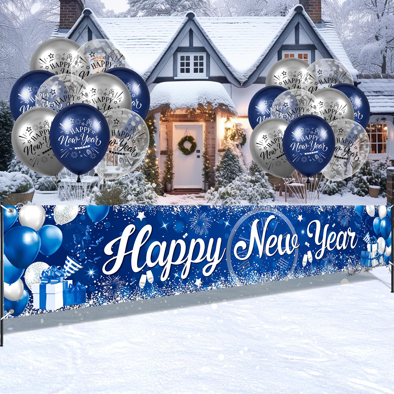 Amazon.com: Blue Happy New Year Banner with 18pcs Balloons 2025 Glitter ...