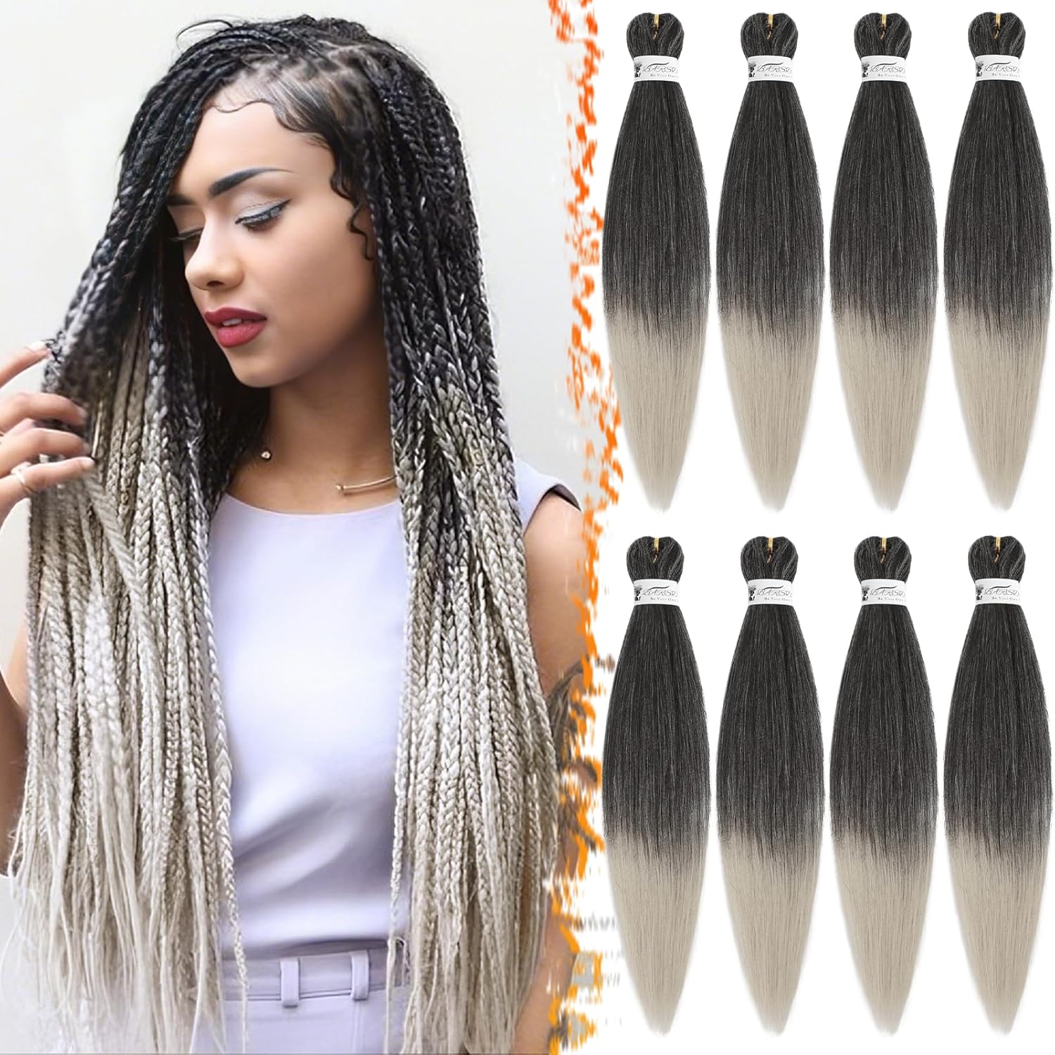 BARSDAR Cheveux Tressés Pré-étirés, 66cm 8 Packs Ombre Gris Longue Pre ...