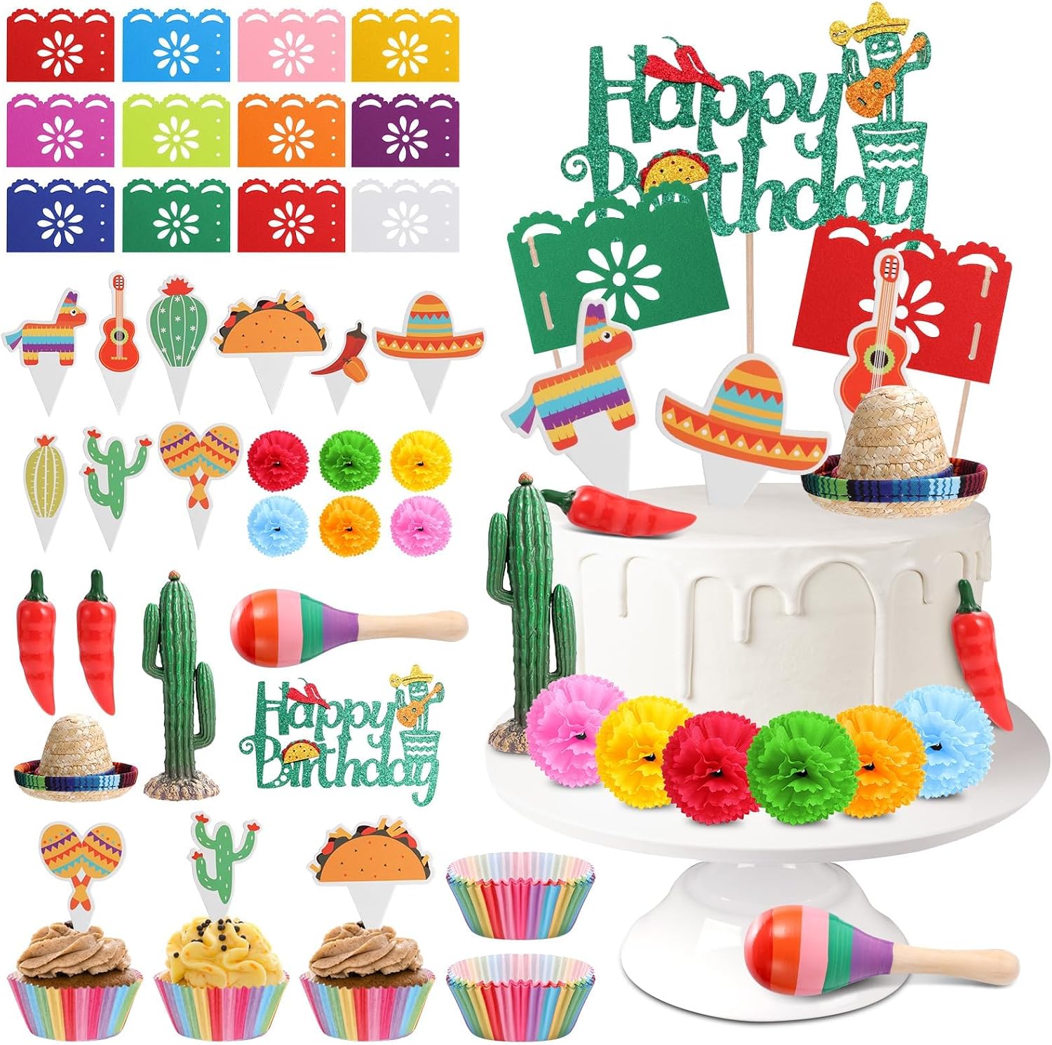 Amazon.com: 42 Pcs Mexican Fiesta Cupcake Toppers Sombrero Party Hats ...