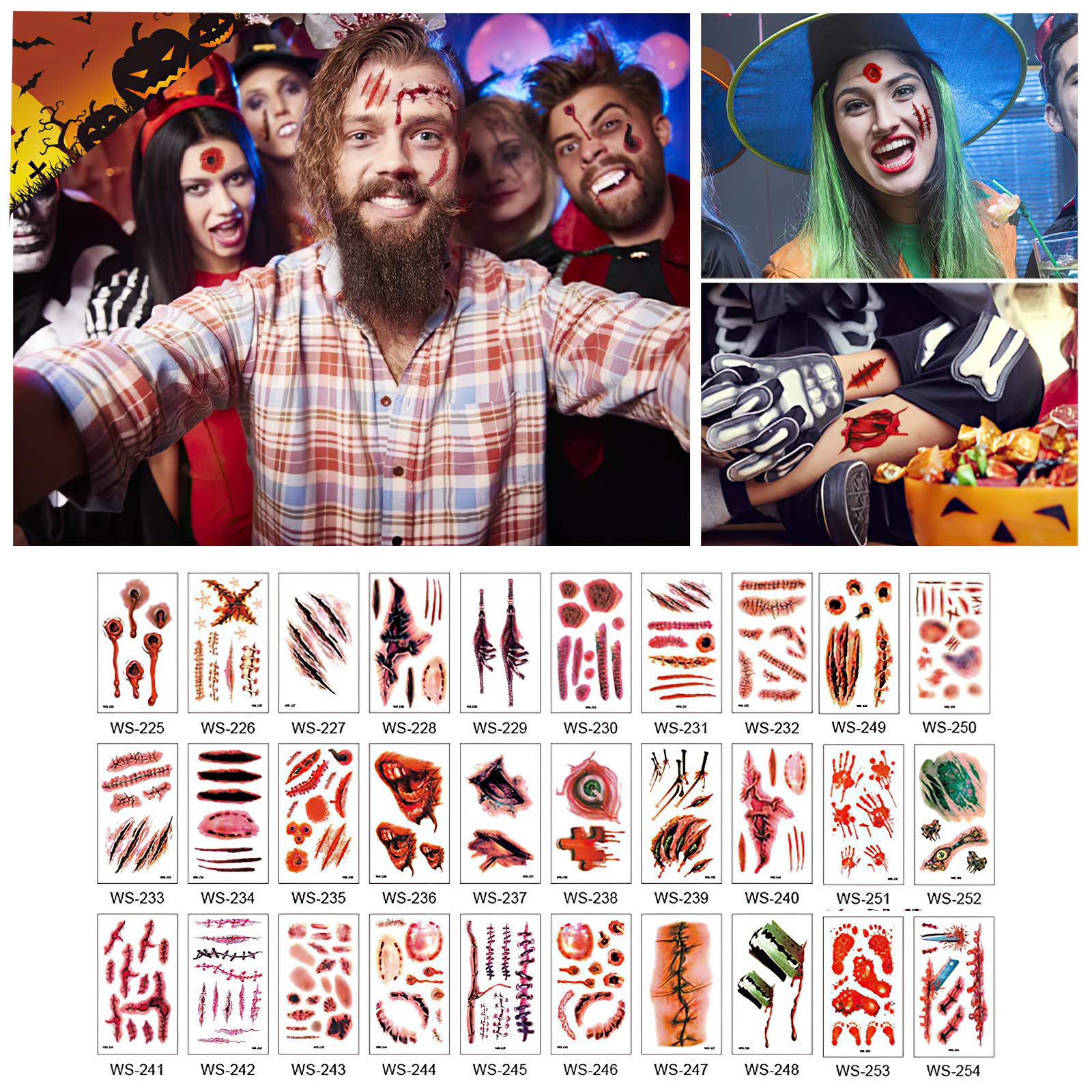 30 Sheets Halloween Scars Tattoos,Scar Wound Temporary Tattoos Stickers ...