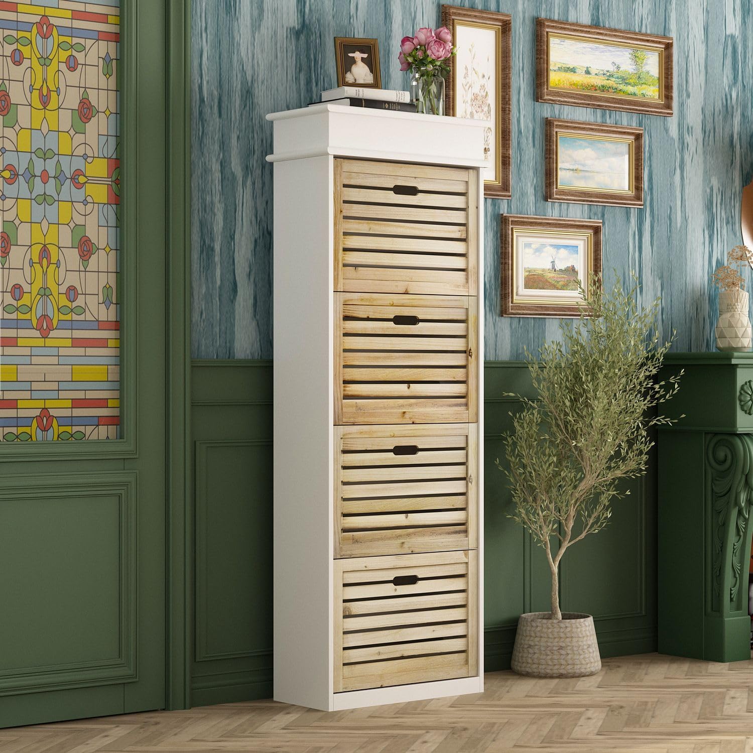 Amazon.com: FAMAPY Tall Shoe Storage Cabinet with 4 Flip Drawers ...