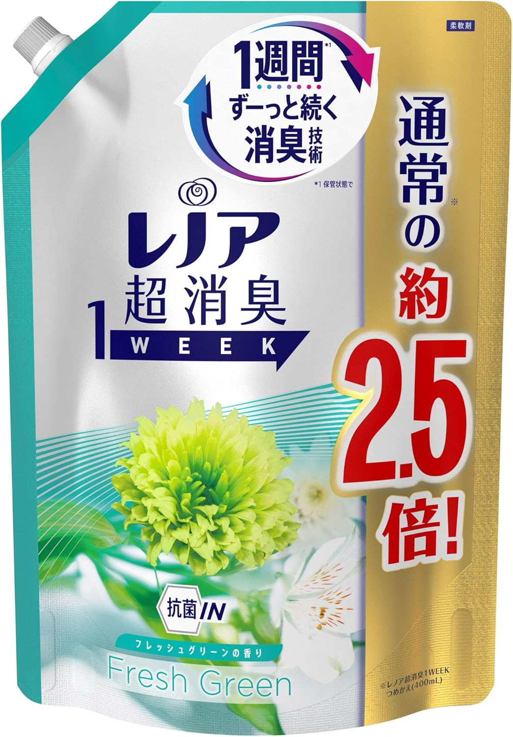 Amazon | Lenor レノア 超消臭1WEEK 柔軟剤 フレッシュグリーン 詰め替え 大容量 約2.5倍(980mL) 1 袋 | レノア | 液体柔軟剤