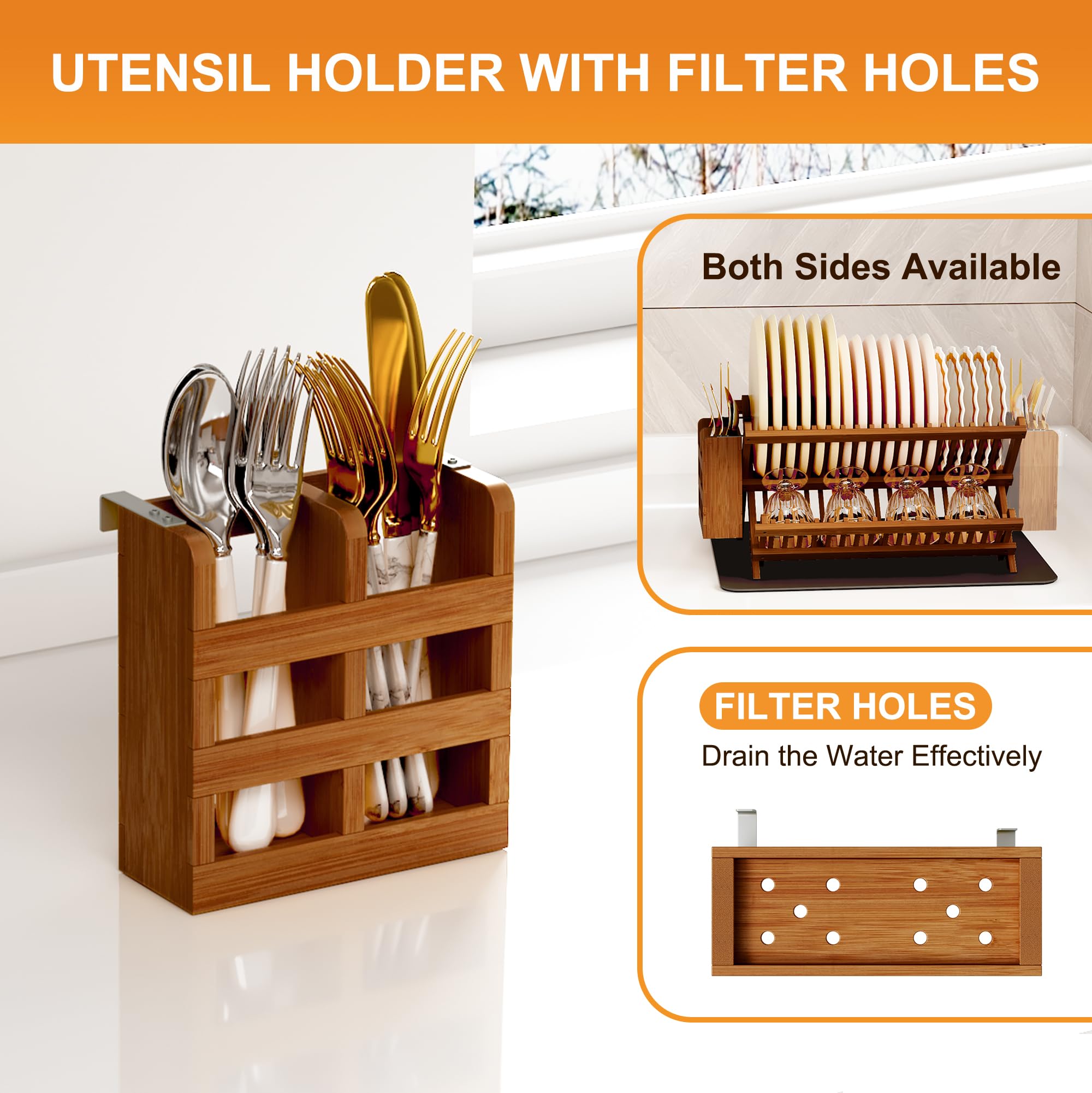 Greenual Teak Dish Drying Rack with Utensil Holder, 2 Tier Collapsible ...