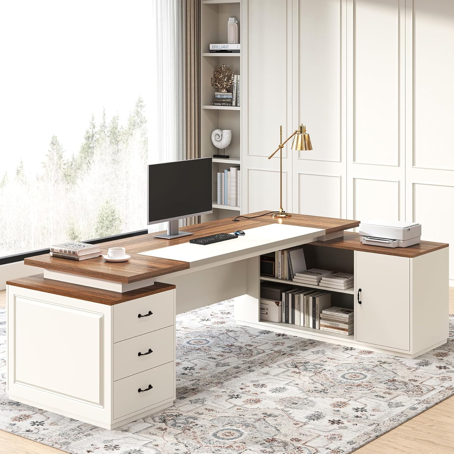 Amazon.com: L-Shaped Executive Desk with Drawers & Cabinet, French ...