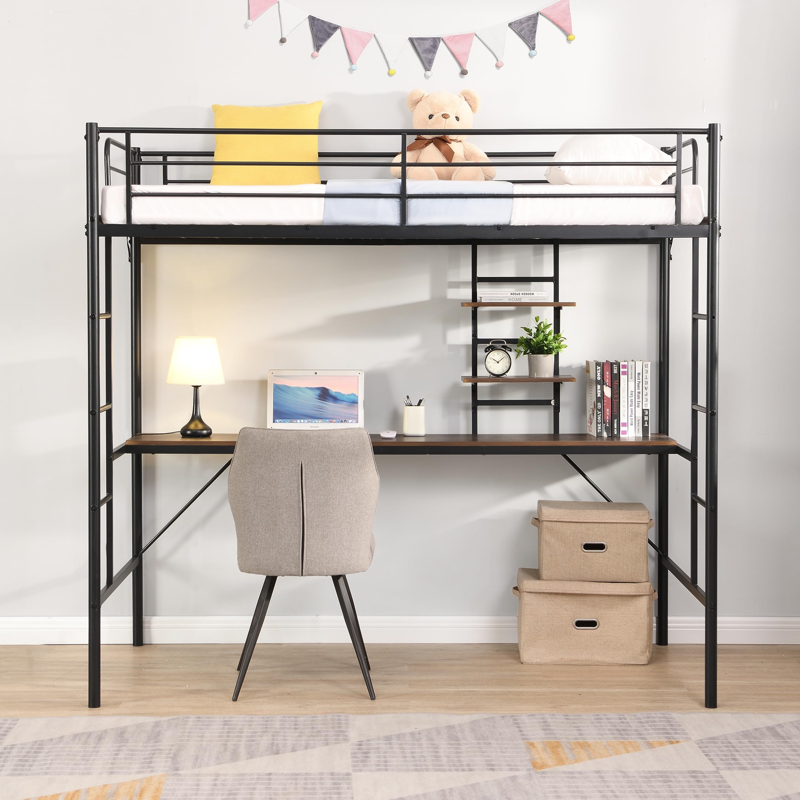 Amazon.com: Konci Great Loft Bed Frame with Desk and Storage Rack, Twin ...