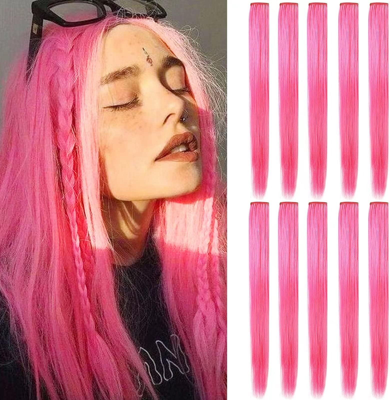 Amazon.com : MOSCSMDY 10PCS 20''Pink Hair Extensions for Girls Wig ...