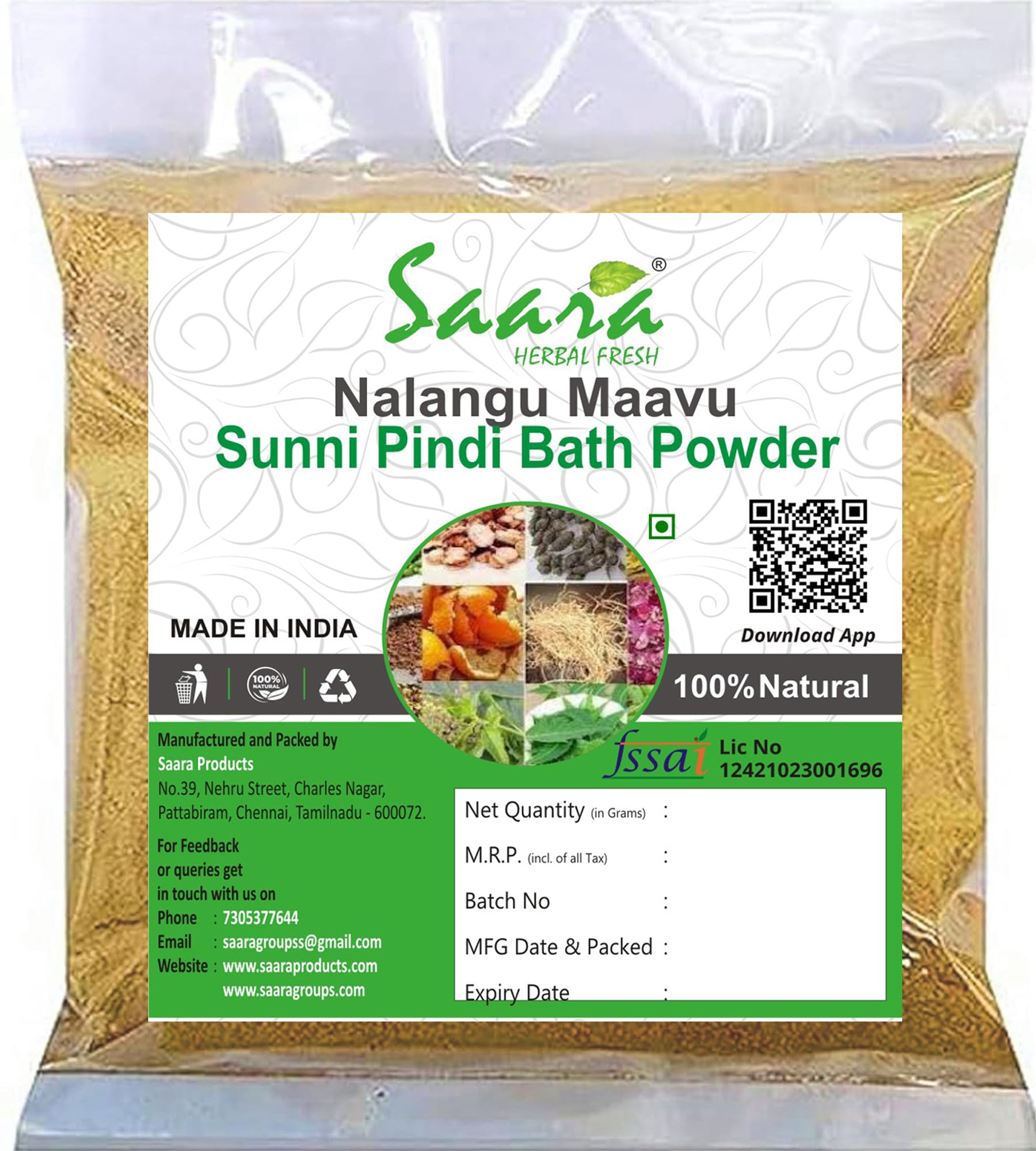 Buy Saara HERBAL FRESH Nalangu Maavu Bath Powder, 50g, Sunni Pindi Bath ...