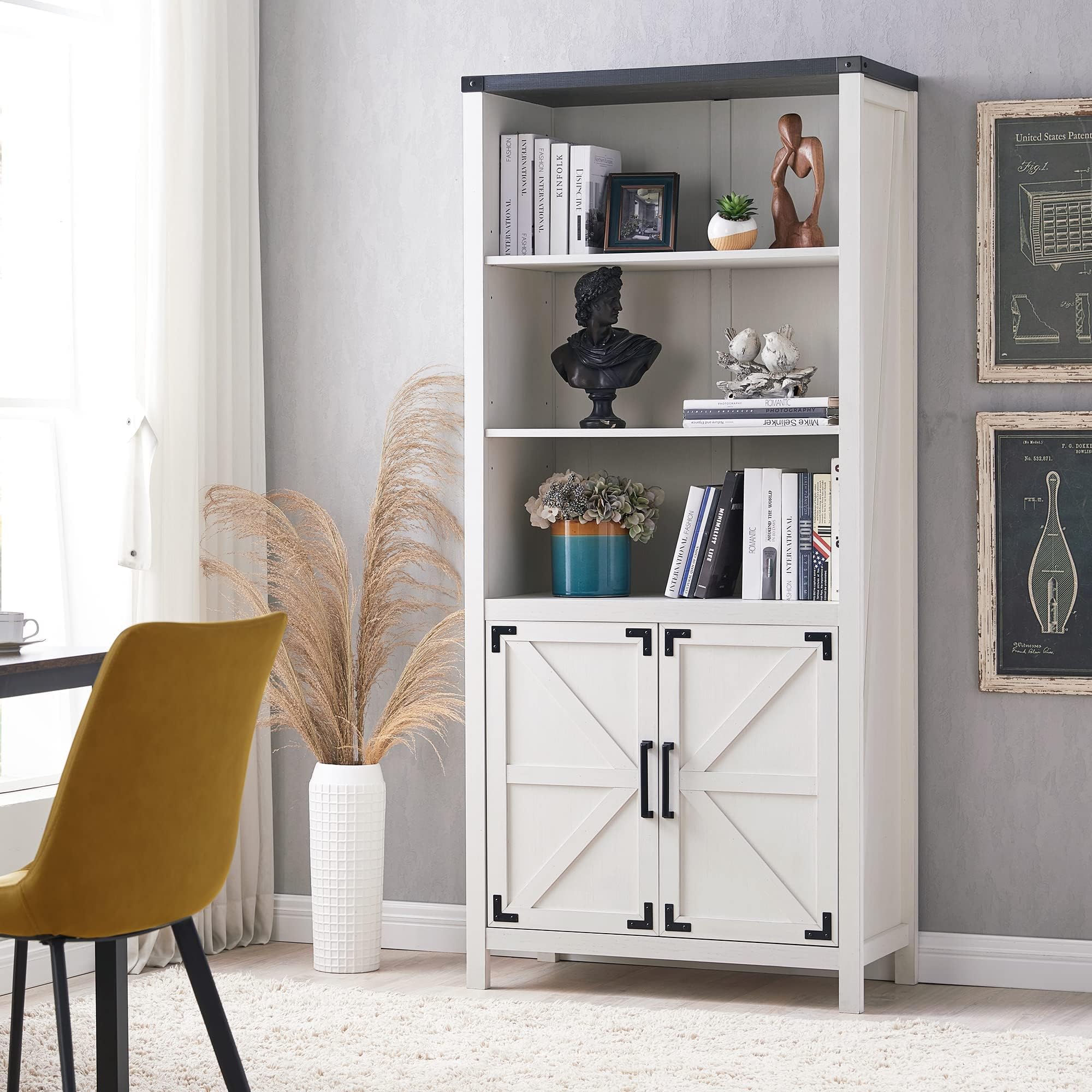 Amazon.com: FREDEES White Tall Bookcase with Doors and Shelves ...