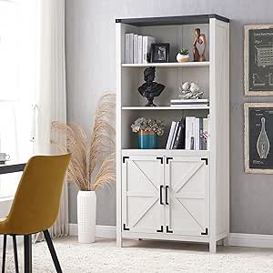 JXQTLINGMU Farmhouse Bookcase with Doors-70in Tall 5 Shelf Bookshelf ...