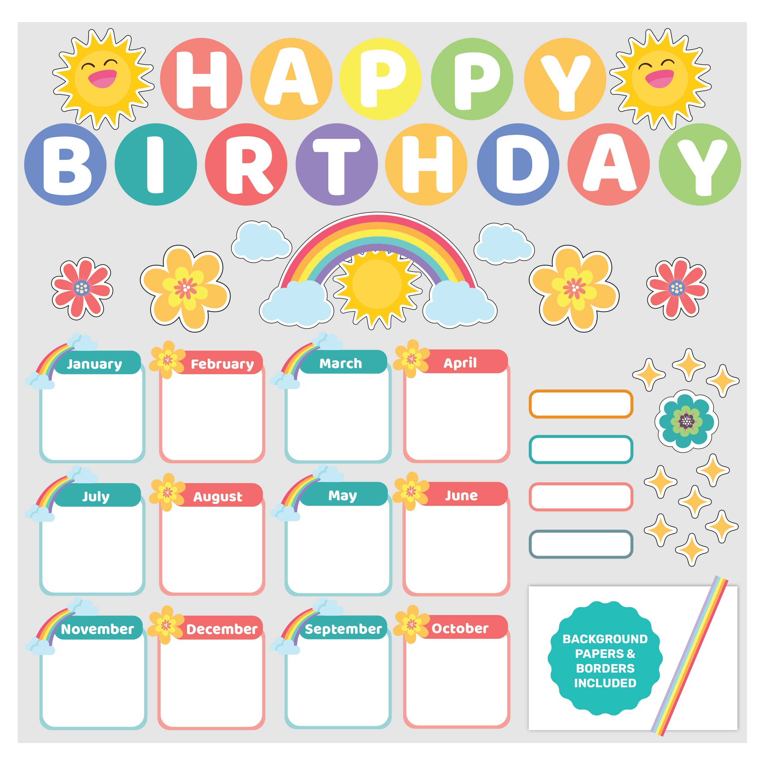 Buy Decorably 101 Pcs Rainbow Birthday Board for Classroom with Borders ...
