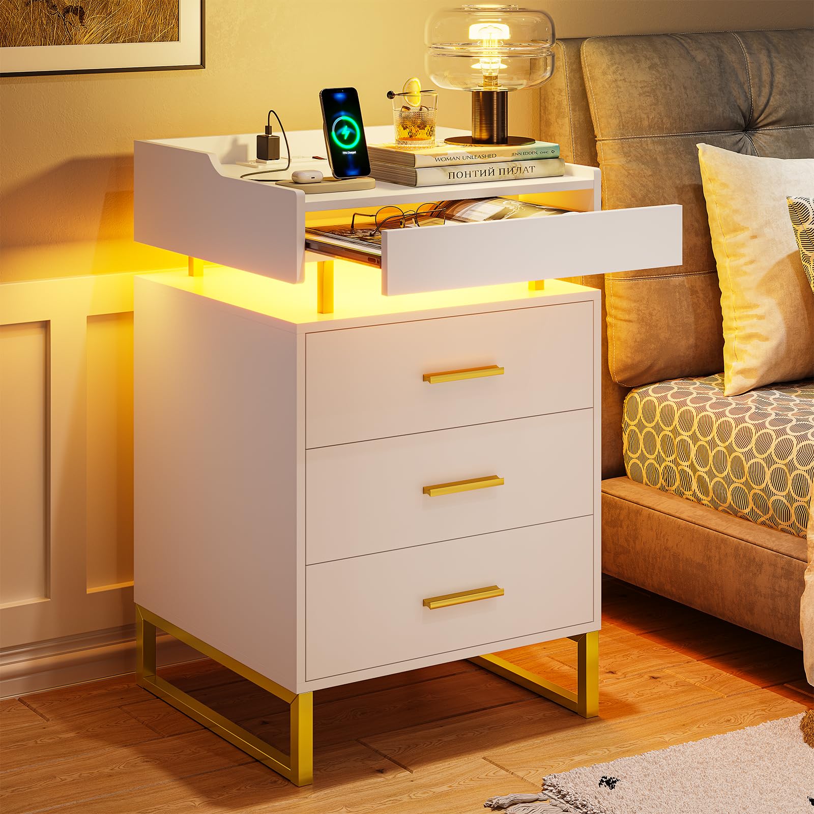 Amazon.com: BTHFST LED Nightstand with Charging Station, Large Night ...