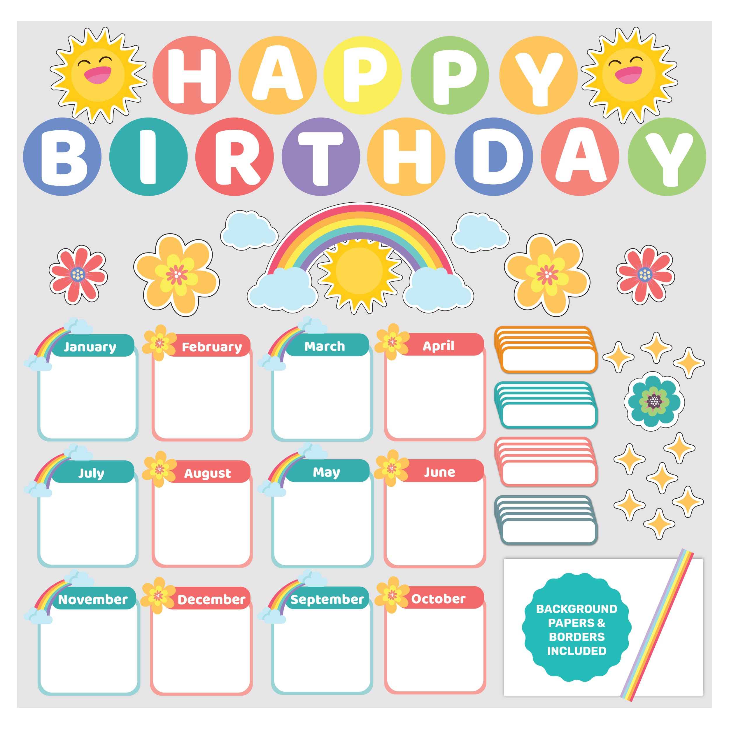 Decorably 101 Pcs Cutouts Rainbow Birthday Classroom Decor With Borders ...