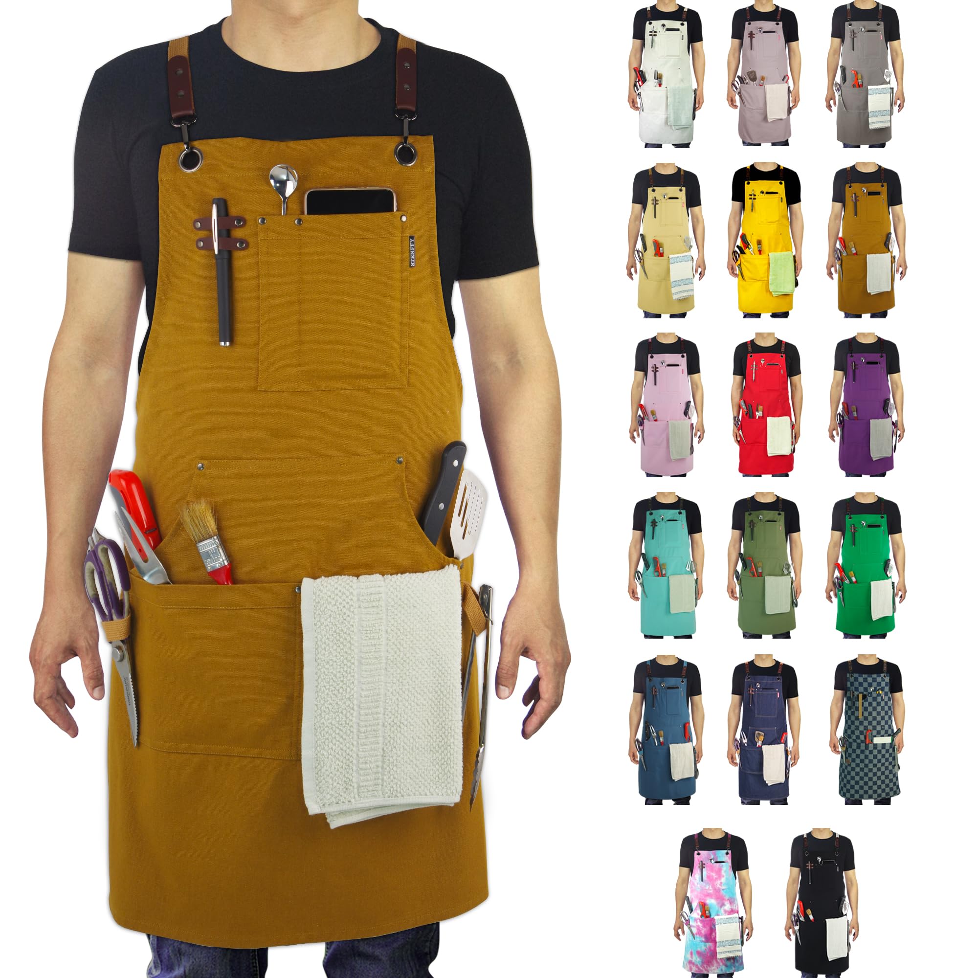 Amazon.com: Stenffy Kitchen Apron, Work Apron, Canvas, Multiple Pockets ...