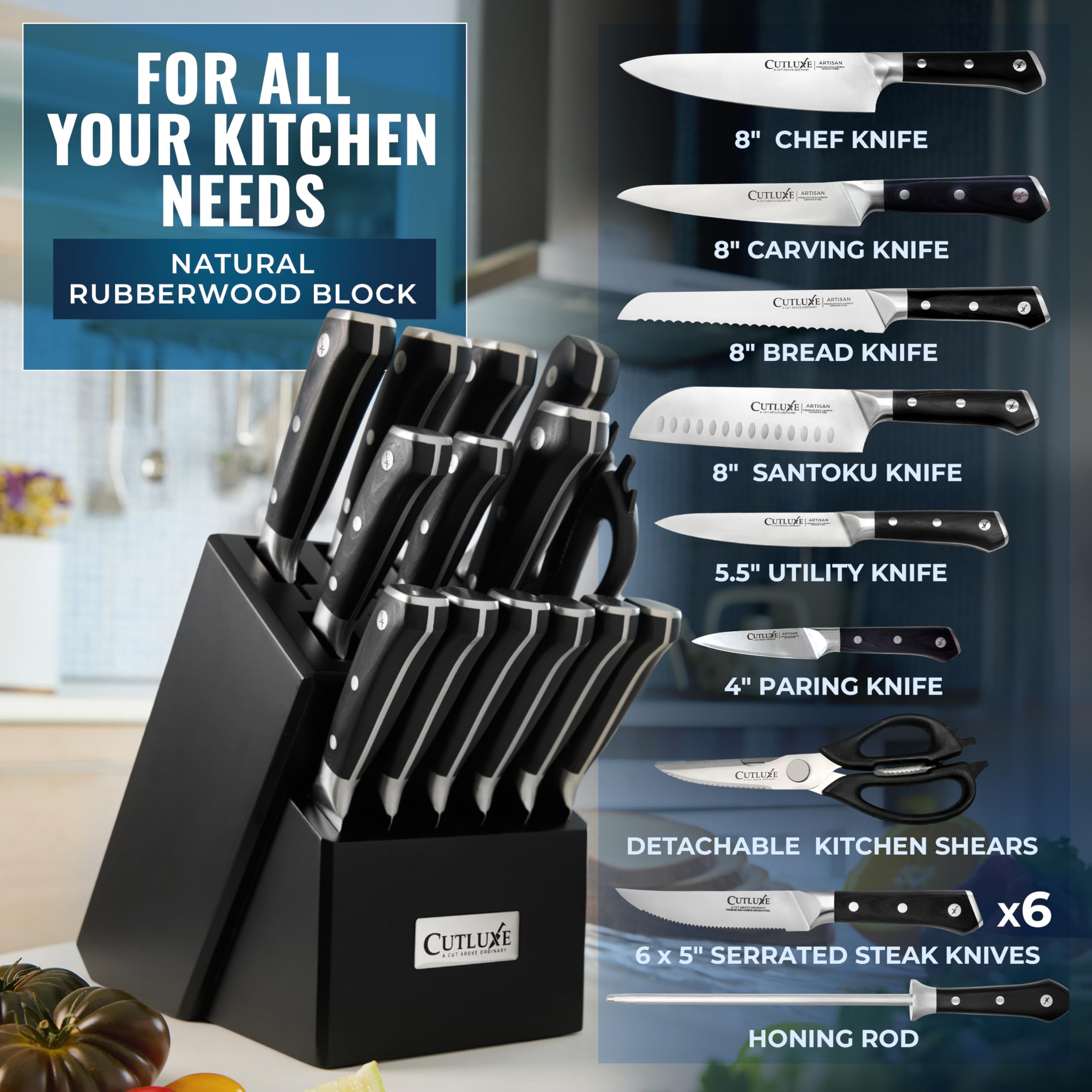 Snapklik.com : Cutluxe 15-Piece Knife Set Premium Black Wood Block ...