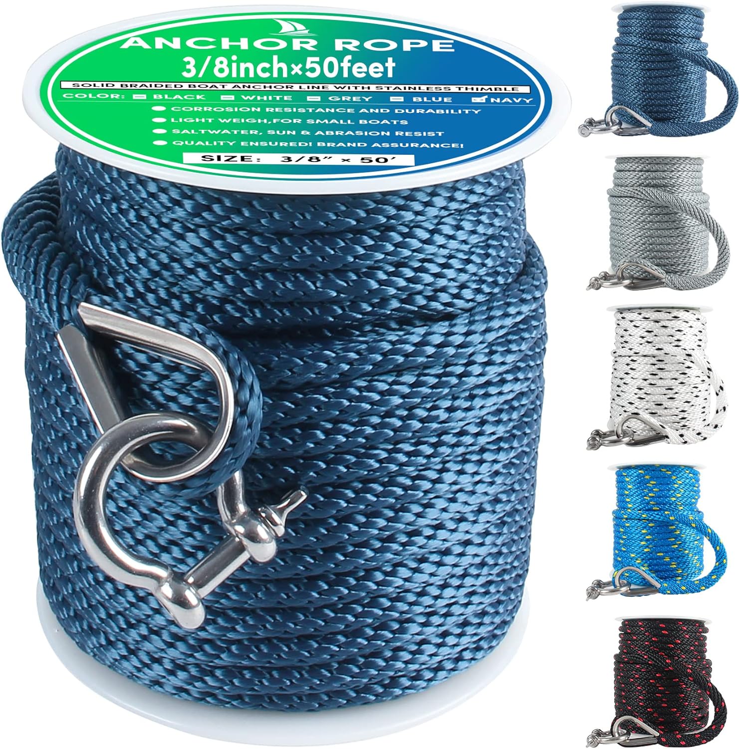 Premium Anchor Rope 50 ft x 3/8 inch, Solid Braid MFP Anchor Line ...