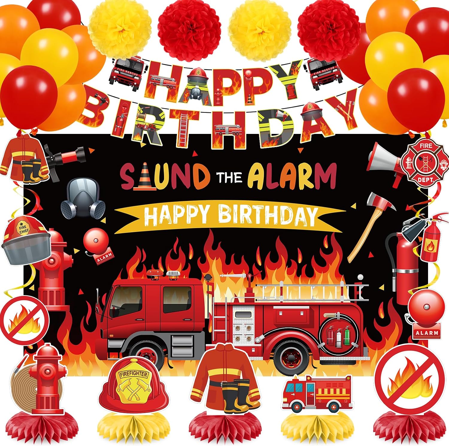 Amazon.com: Fire Truck Birthday Decorations Fire Truck Birthday Banner ...