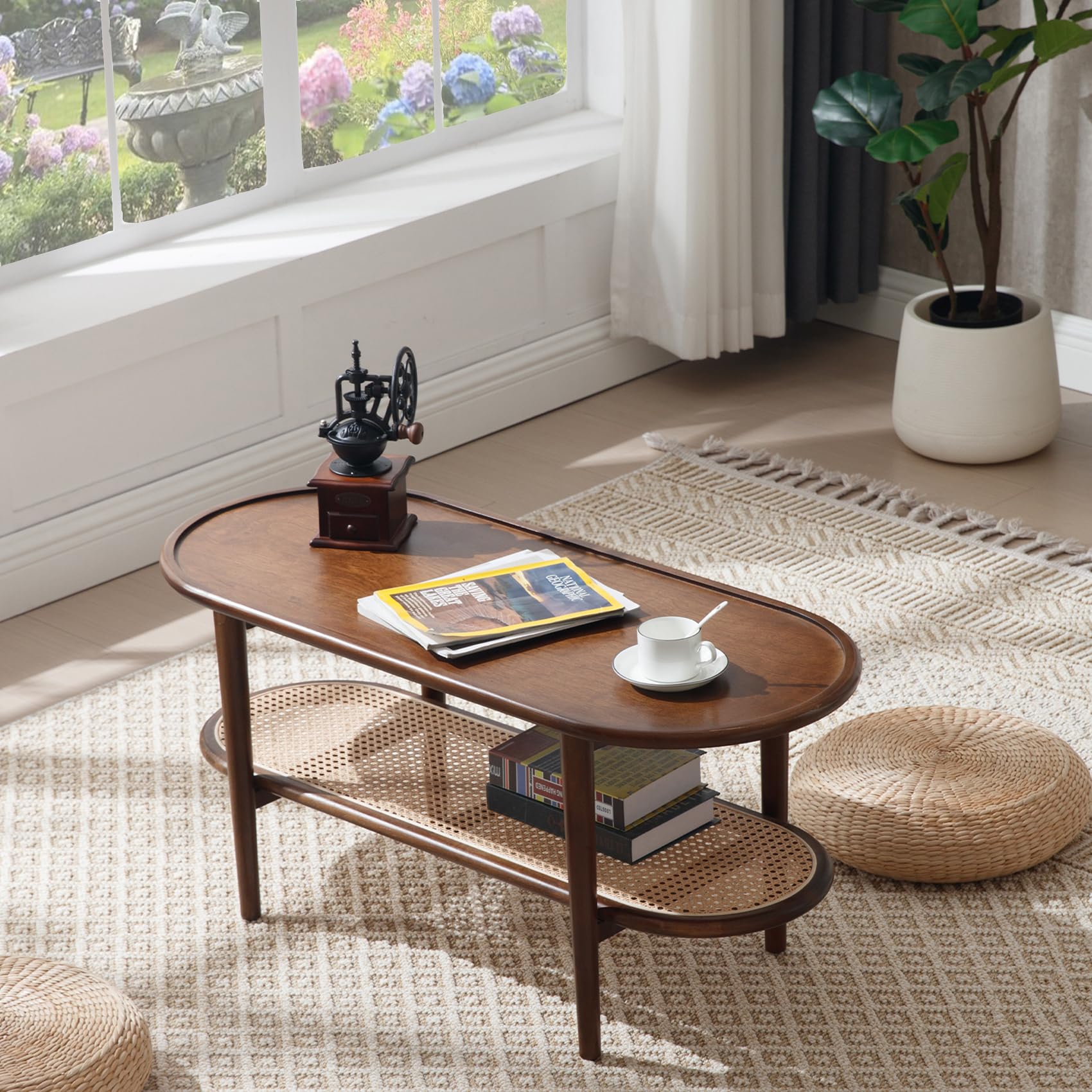 Amazon.com: ZH4YOU Rattan Wood Mid Century Modern Coffee Table, 39.5 ...