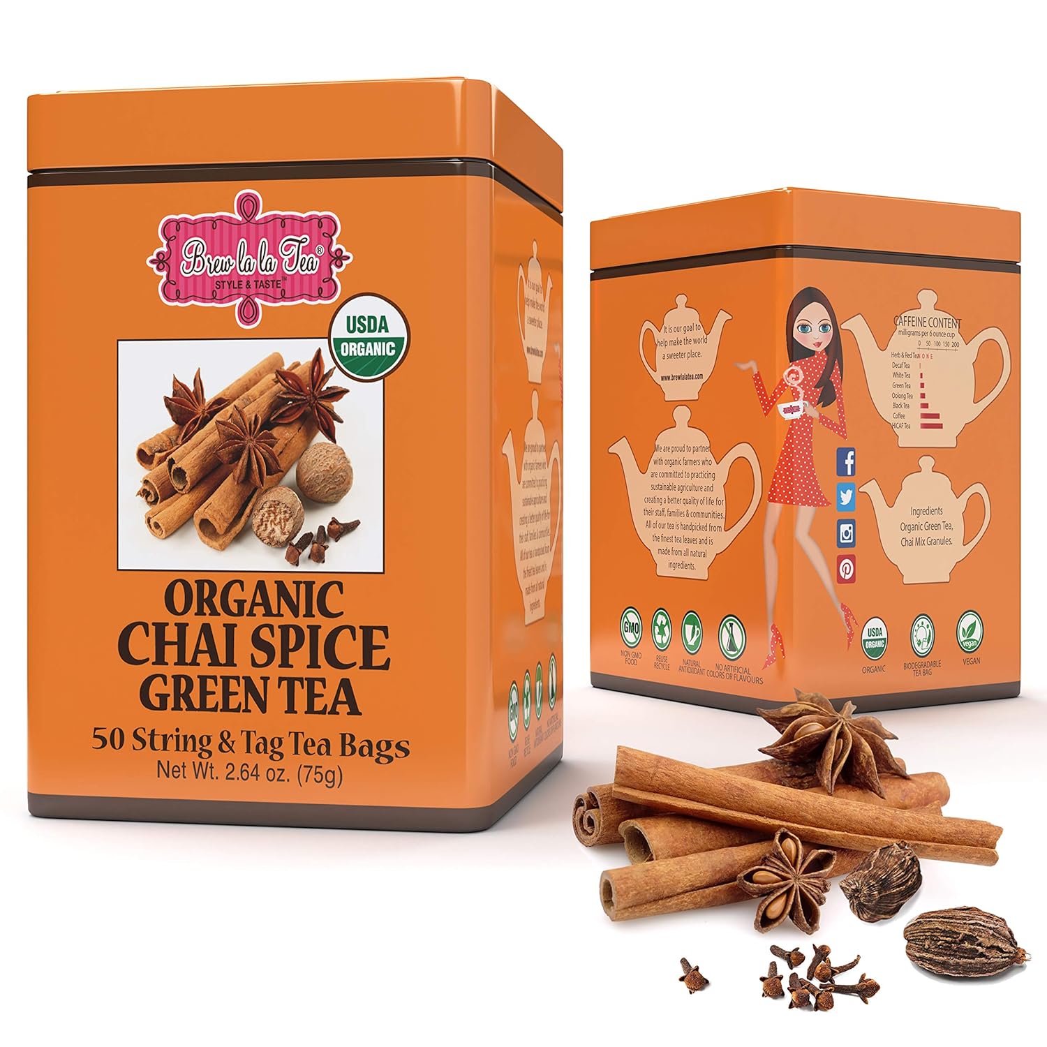 Amazon.com : Brew La La Organic Green Tea - Chai Spice Flavor - 50 Tea ...