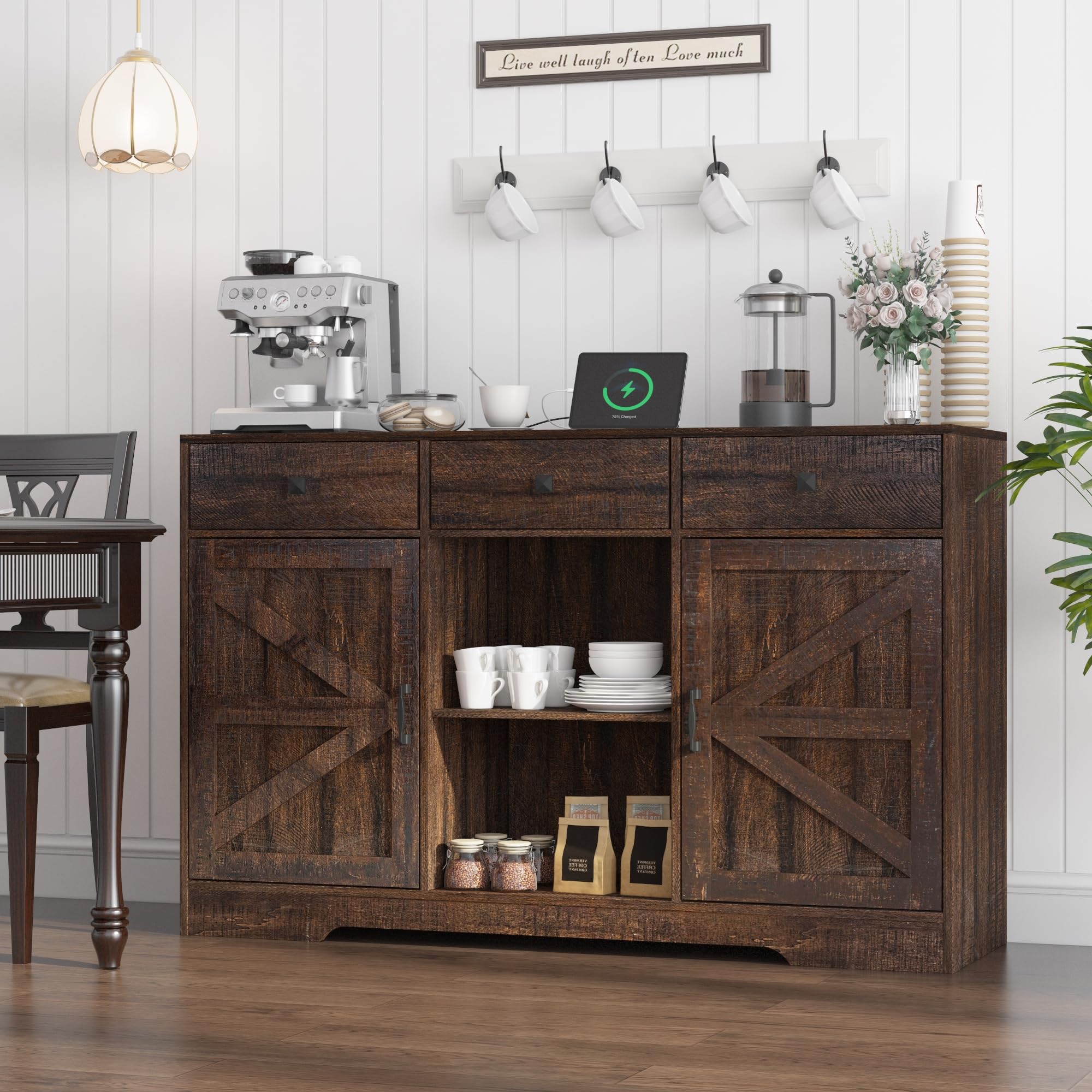 Farmhouse Coffee Bar Cabinet 54 Kitchen Buffet Storage Cabinet Drawers ...