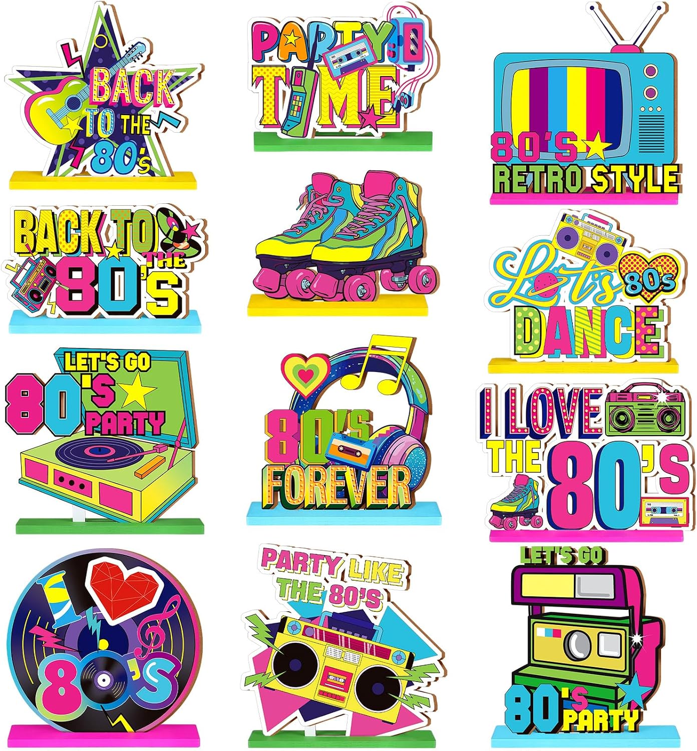 Amazon.com: Marsui 12 Pcs 1980s Themed Wooden Decor Table Centerpieces ...