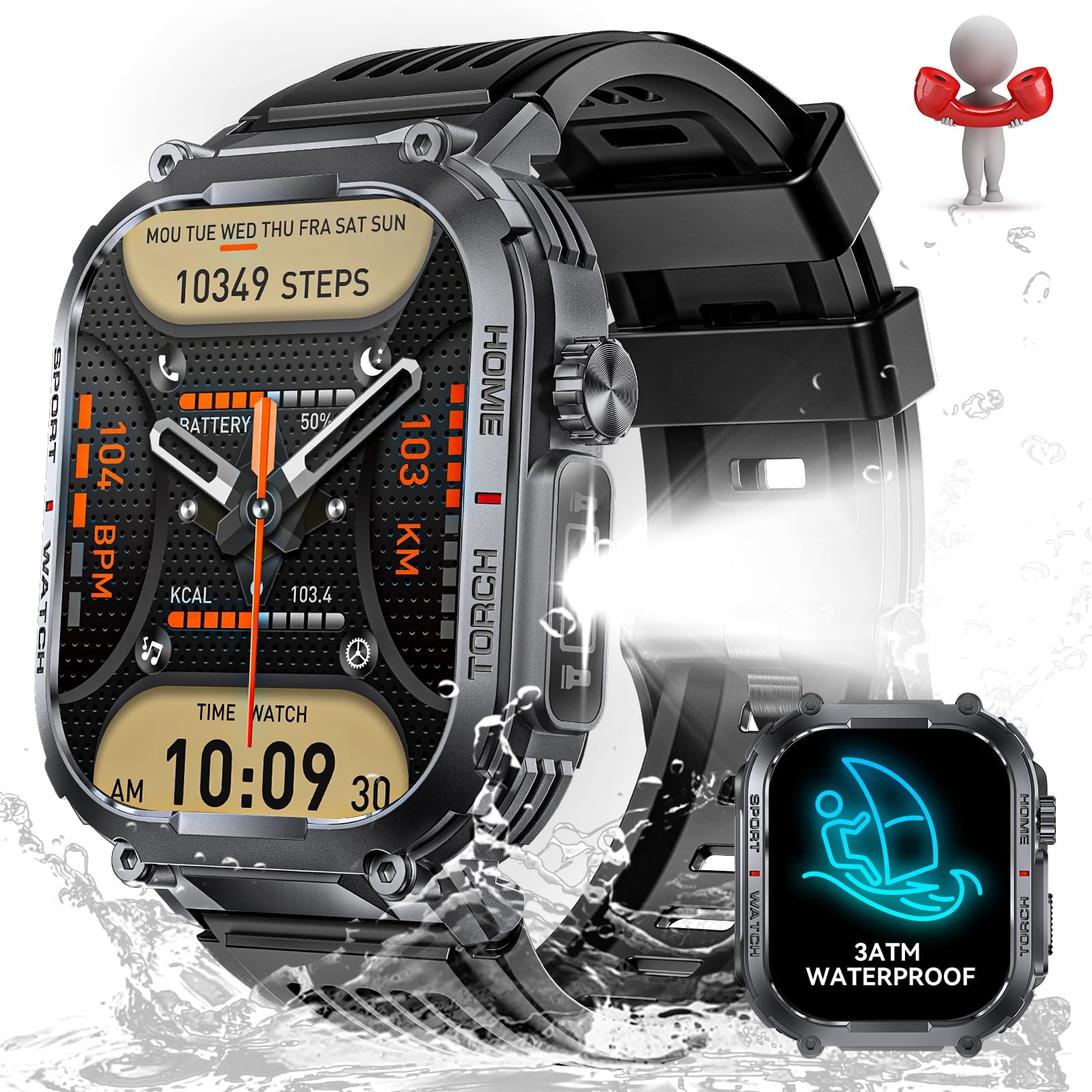 Amazon.com: Military Smart Watch for Men with LED Flashlight 3ATM ...